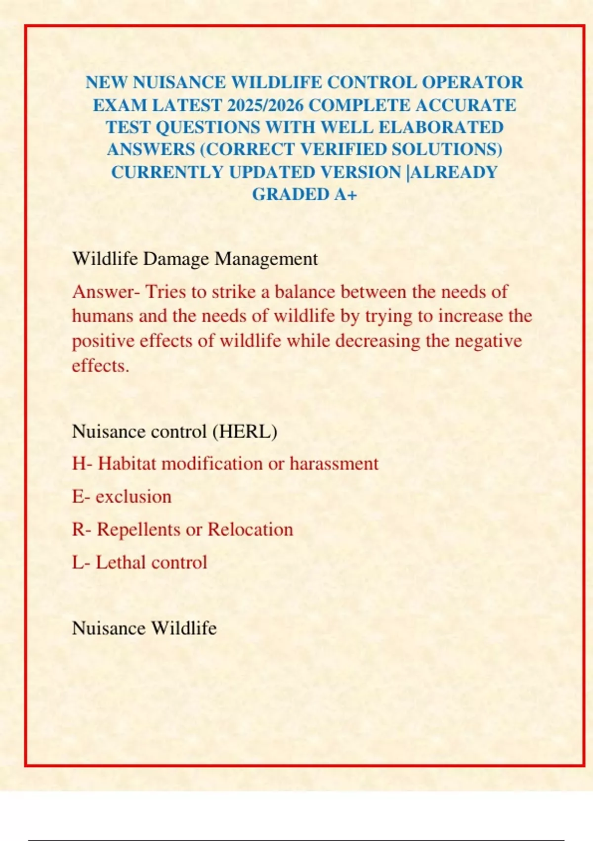 NEW NUISANCE WILDLIFE CONTROL OPERATOR EXAM LATEST 2025/2026 COMPLETE ...
