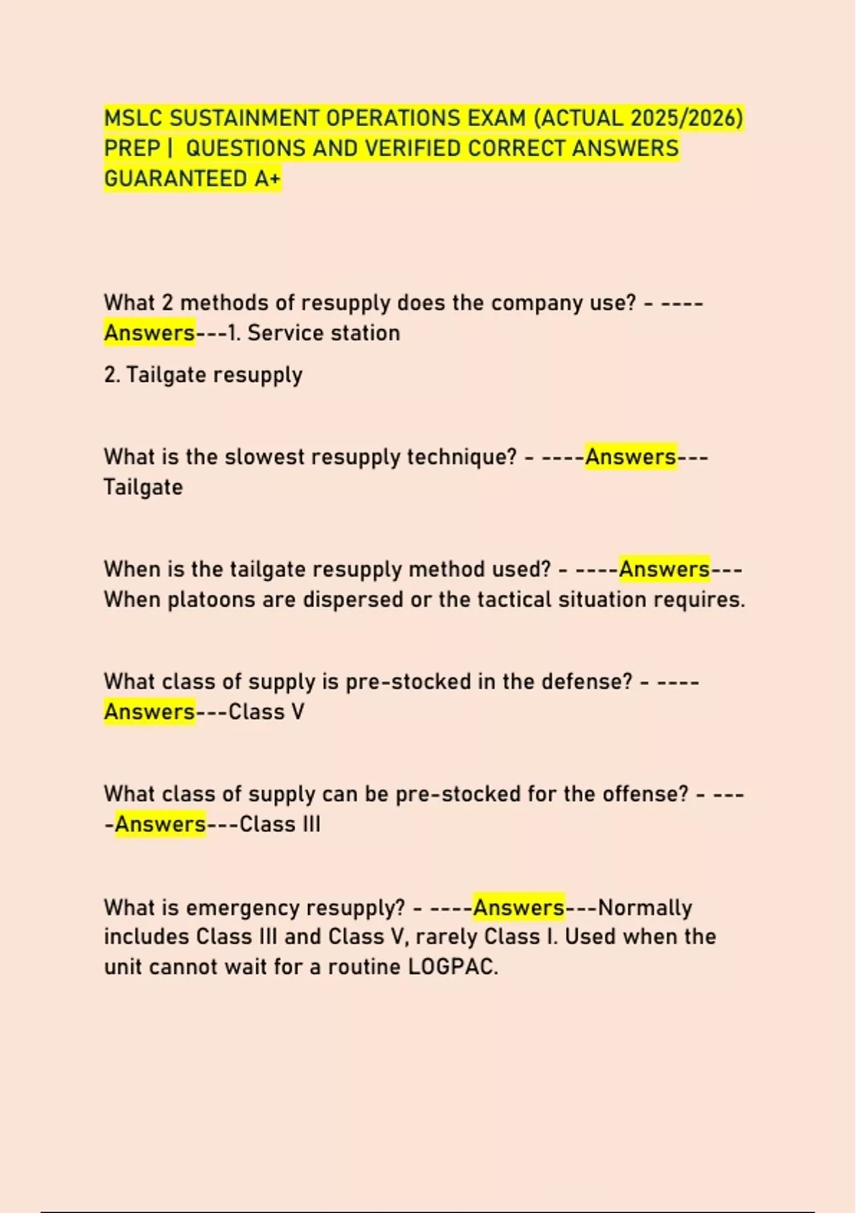 MSLC SUSTAINMENT OPERATIONS EXAM (ACTUAL 2025/2026) PREP | QUESTIONS ...