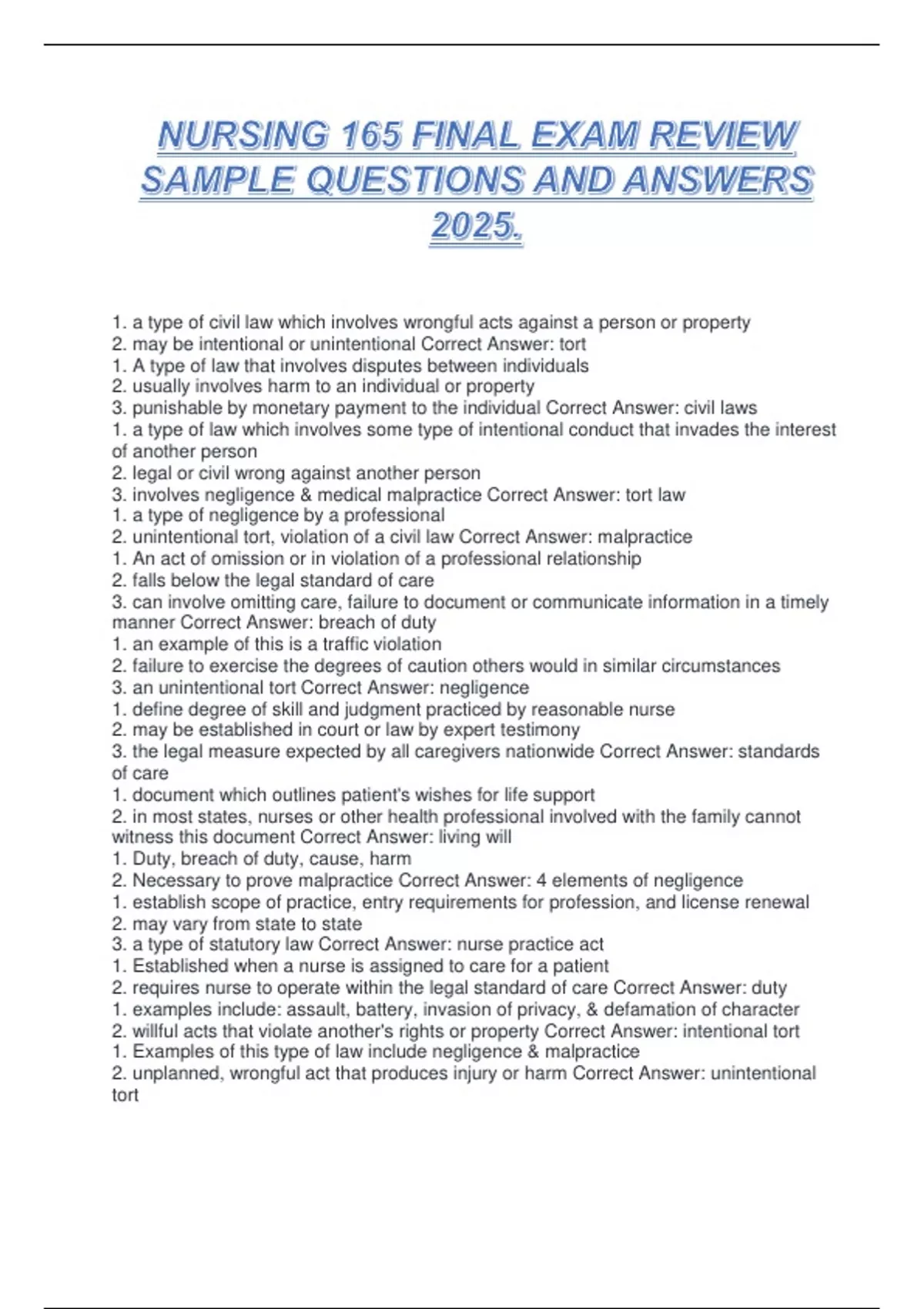 NURSING 165 FINAL EXAM REVIEW SAMPLE QUESTIONS AND ANSWERS 2025 ...