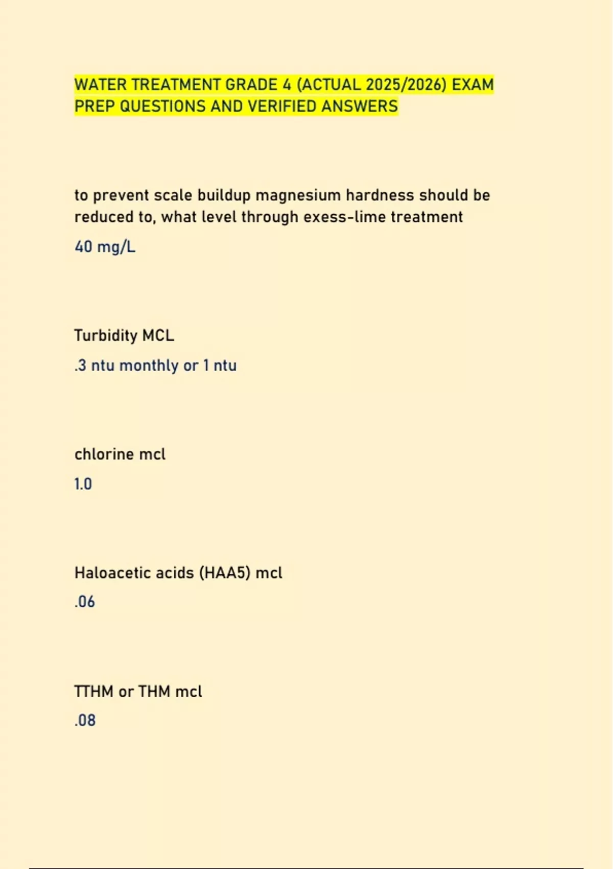WATER TREATMENT GRADE 4 (ACTUAL 2025/2026) EXAM PREP QUESTIONS AND ...