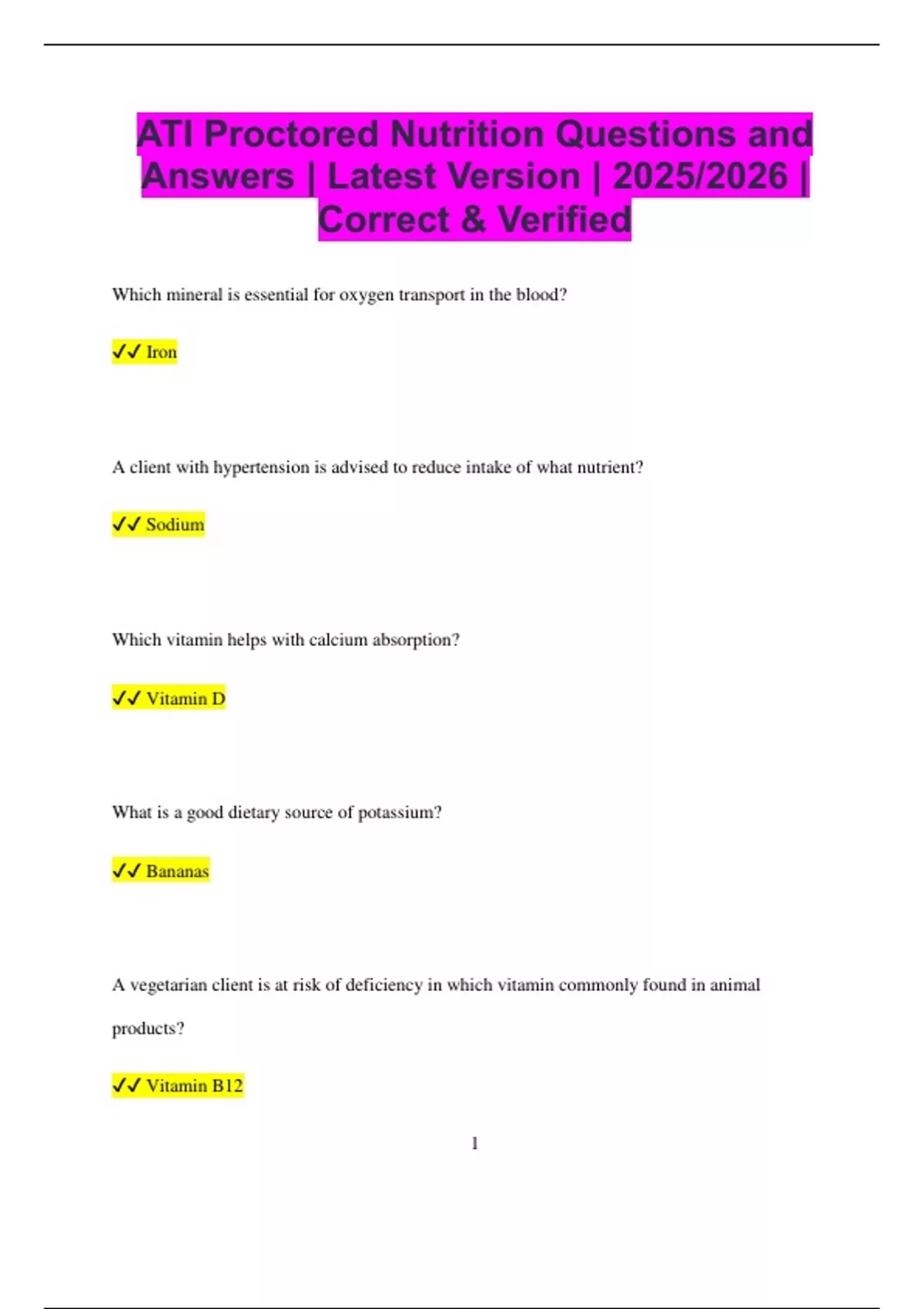 ATI Proctored Nutrition Questions and Answers | Latest Version | 2025/ ...