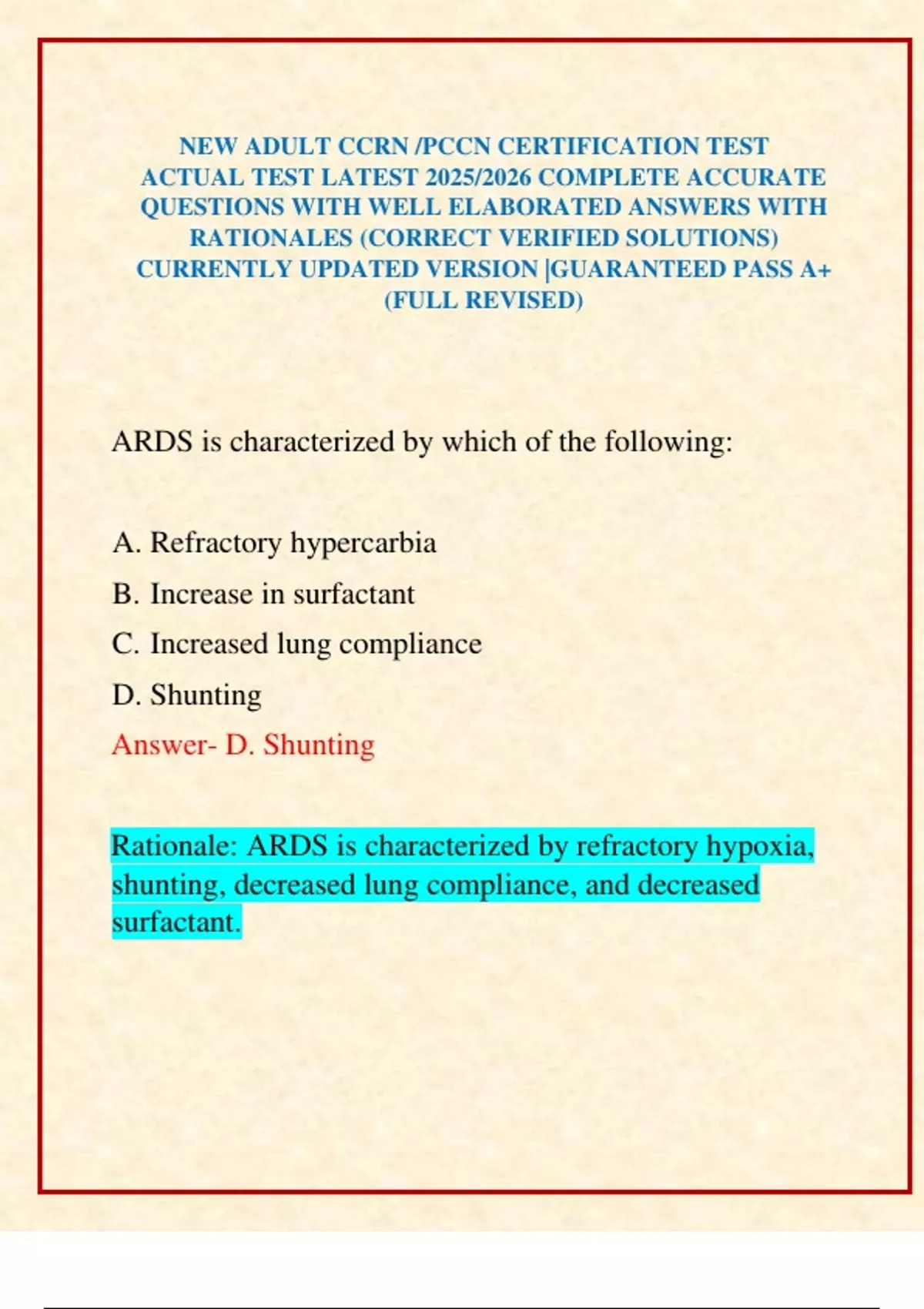 NEW ADULT CCRN /PCCN CERTIFICATION TEST ACTUAL TEST LATEST 2025/2026 ...