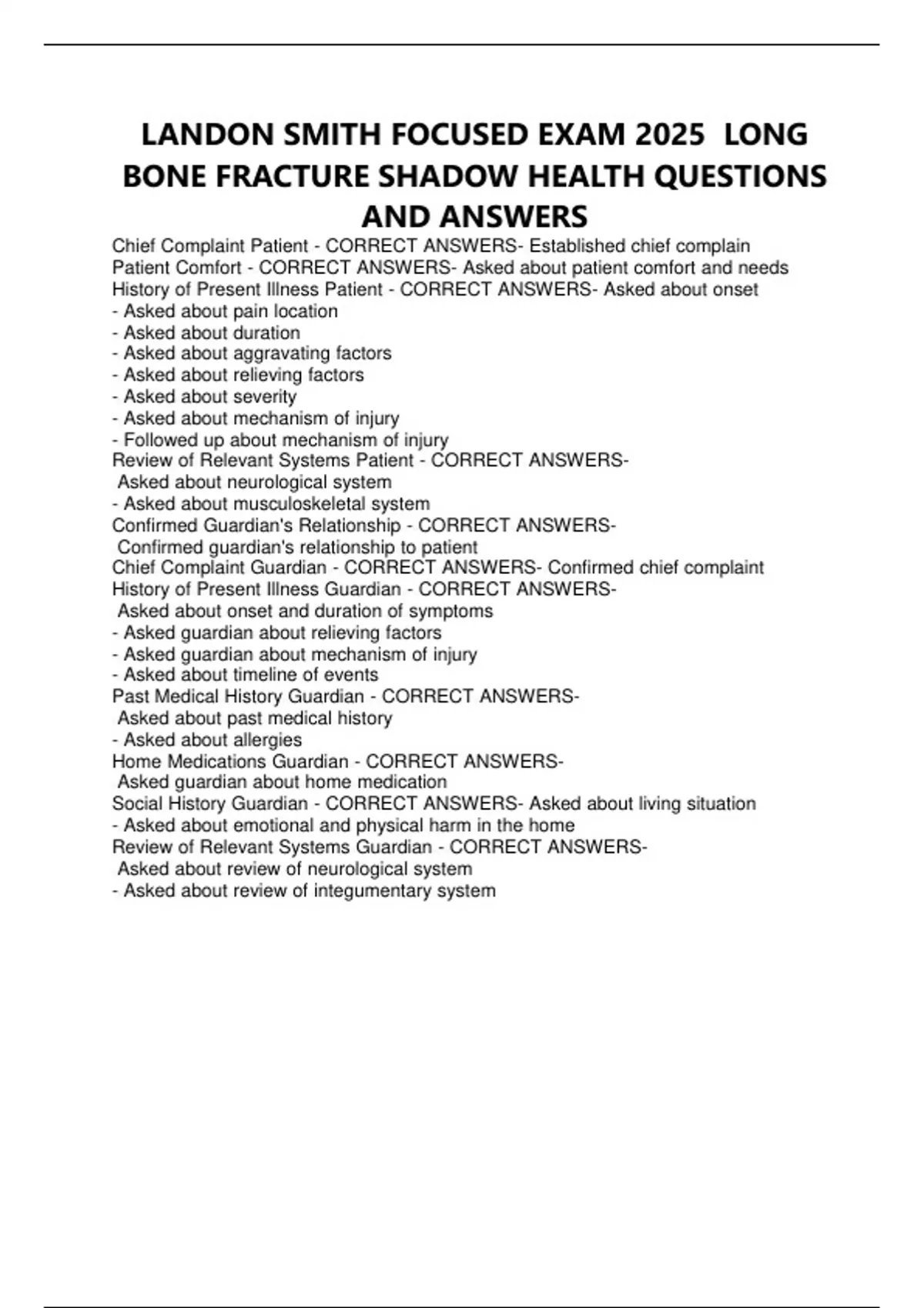 LANDON SMITH FOCUSED EXAM 2025 LONG BONE FRACTURE SHADOW HEALTH QUESTIONS AND ANSWERS - Shadow ...