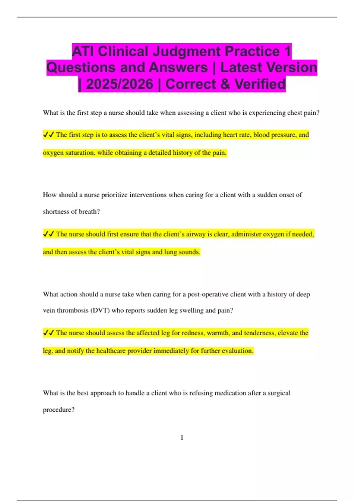 ATI Clinical Judgment Practice 1 Questions and Answers | Latest Version ...