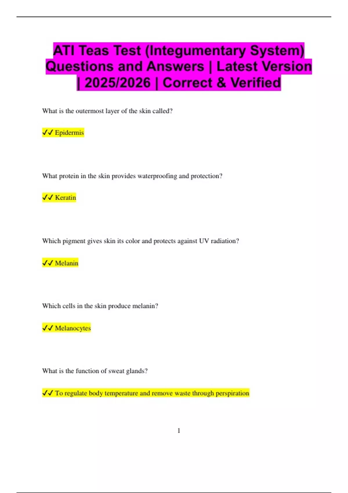 ATI Teas Test (Integumentary System) Questions and Answers | Latest ...