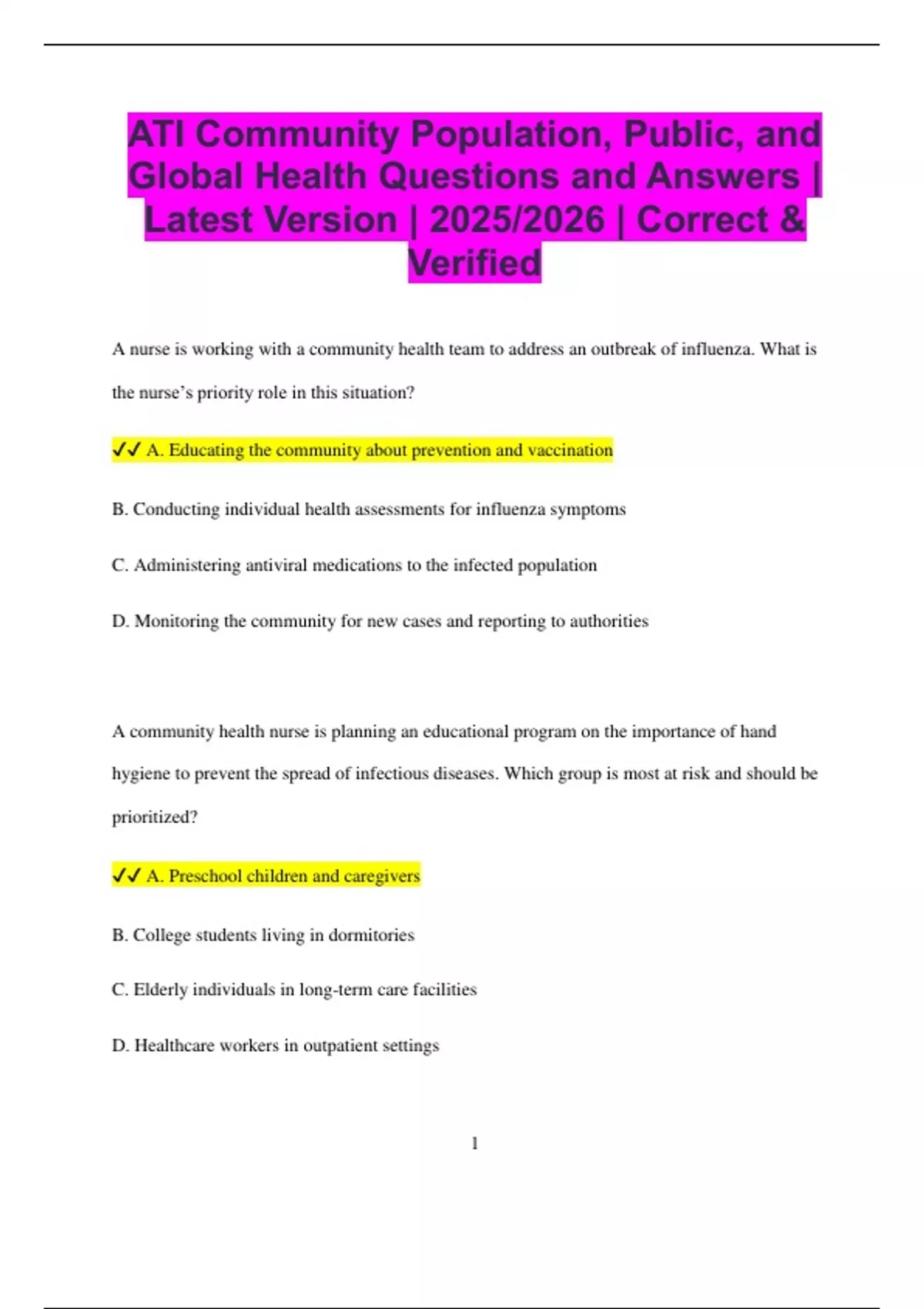 ATI Community Population, Public, and Global Health Questions and ...