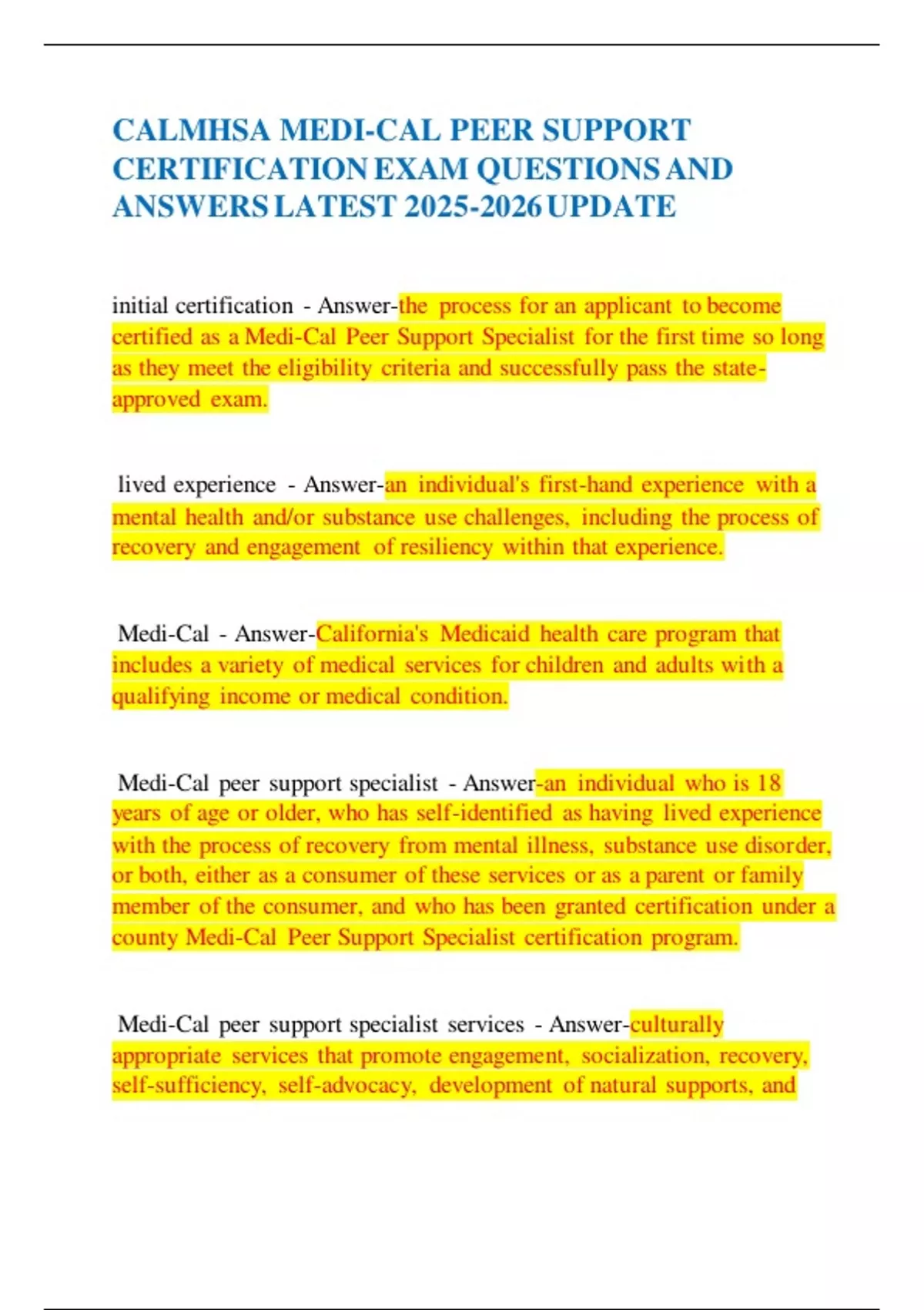 CALMHSA MEDI-CAL PEER SUPPORT CERTIFICATION EXAM QUESTIONS AND ANSWERS ...