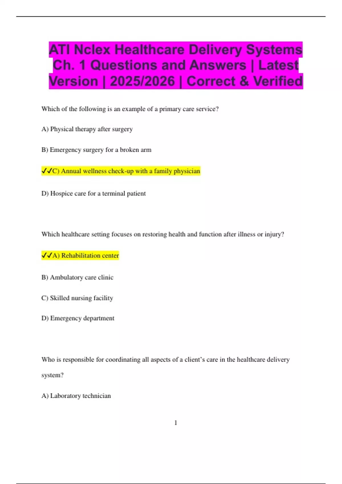 ATI Nclex Healthcare Delivery Systems Ch. 1 Questions and Answers ...
