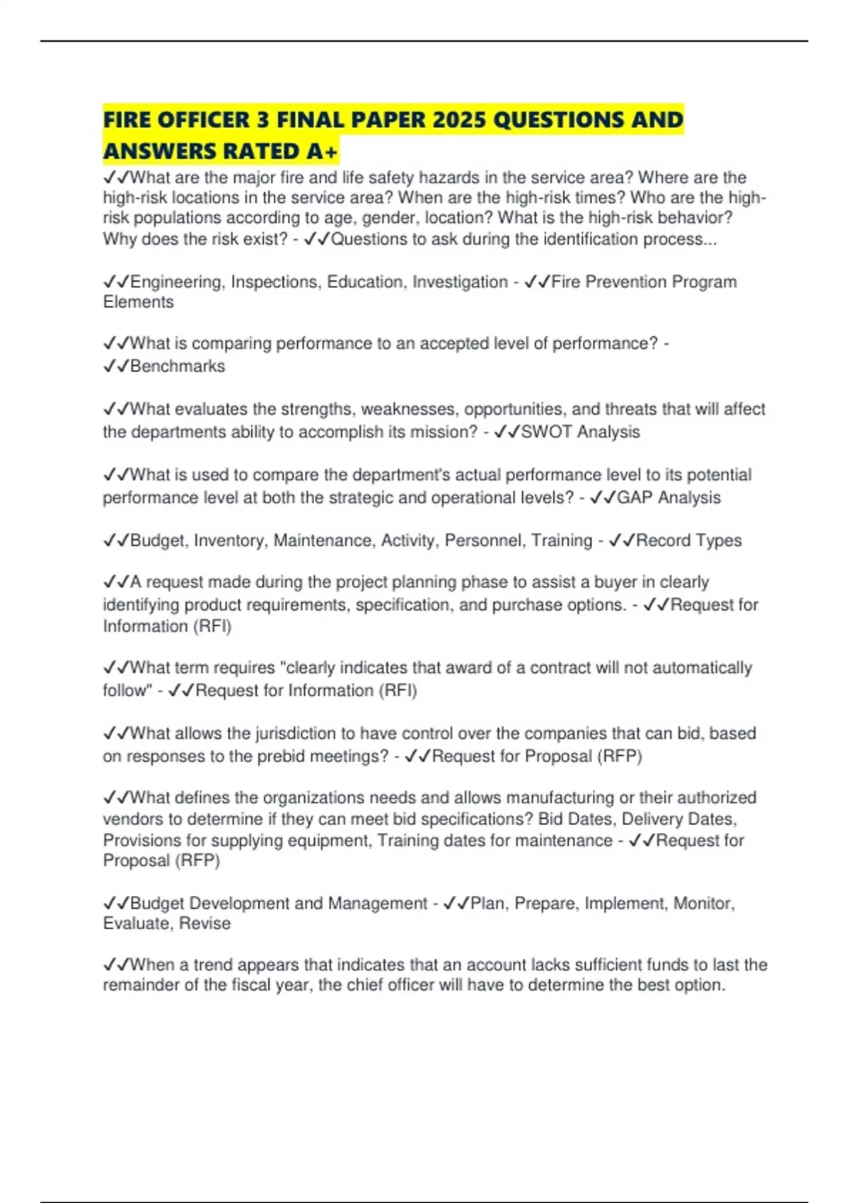 FIRE OFFICER 3 FINAL PAPER 2025 QUESTIONS AND ANSWERS RATED A+ - Fire ...