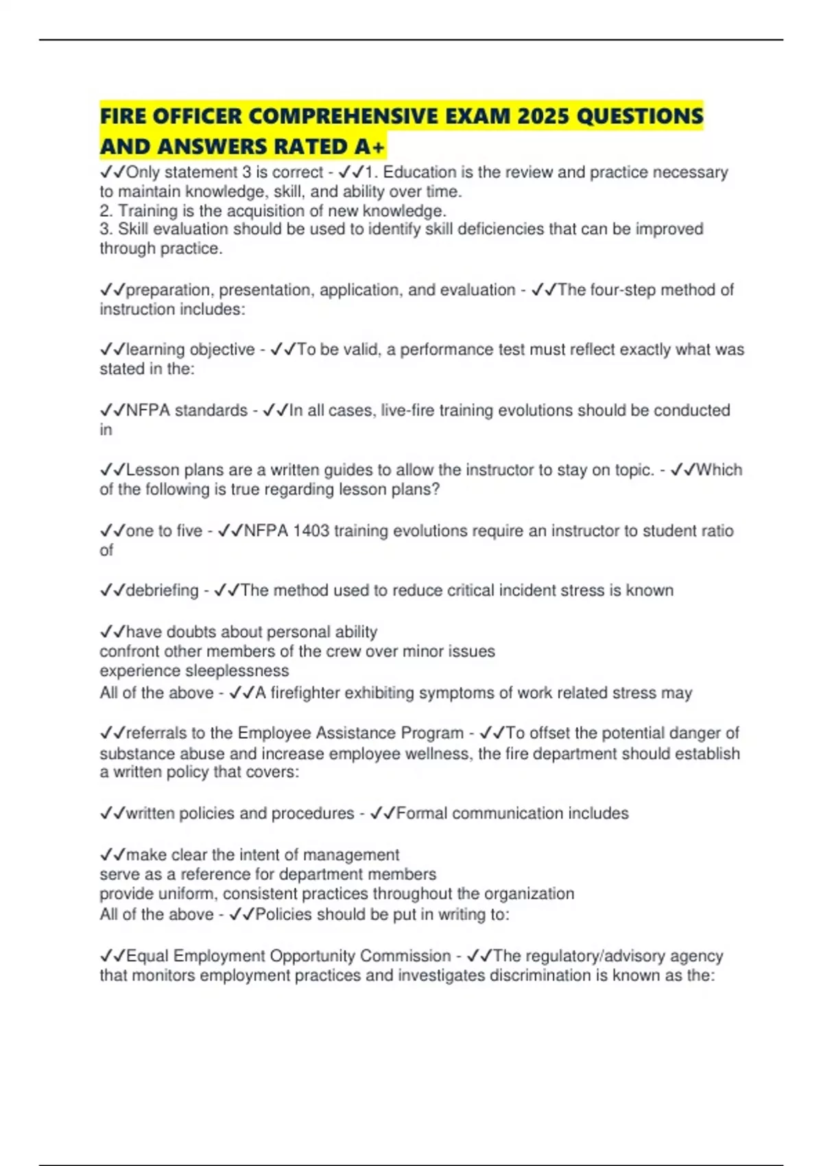 FIRE OFFICER COMPREHENSIVE EXAM 2025 QUESTIONS AND ANSWERS RATED A+ ...