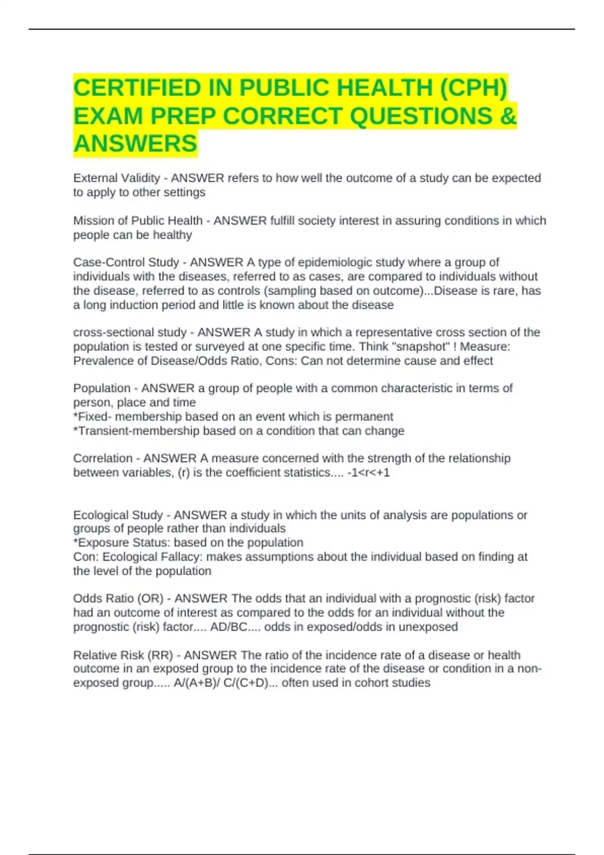 CERTIFIED IN PUBLIC HEALTH (CPH) EXAM PREP CORRECT QUESTIONS & ANSWERS ...