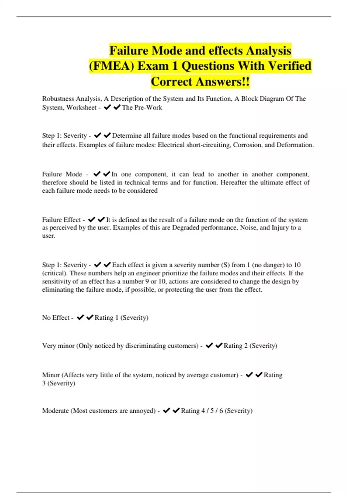 Failure Mode and effects Analysis (FMEA) Exam 1 Questions With Verified Correct Answers ...