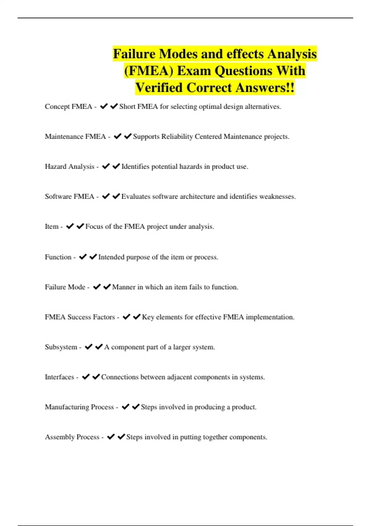 Failure Modes and effects Analysis (FMEA) Exam Questions With Verified ...