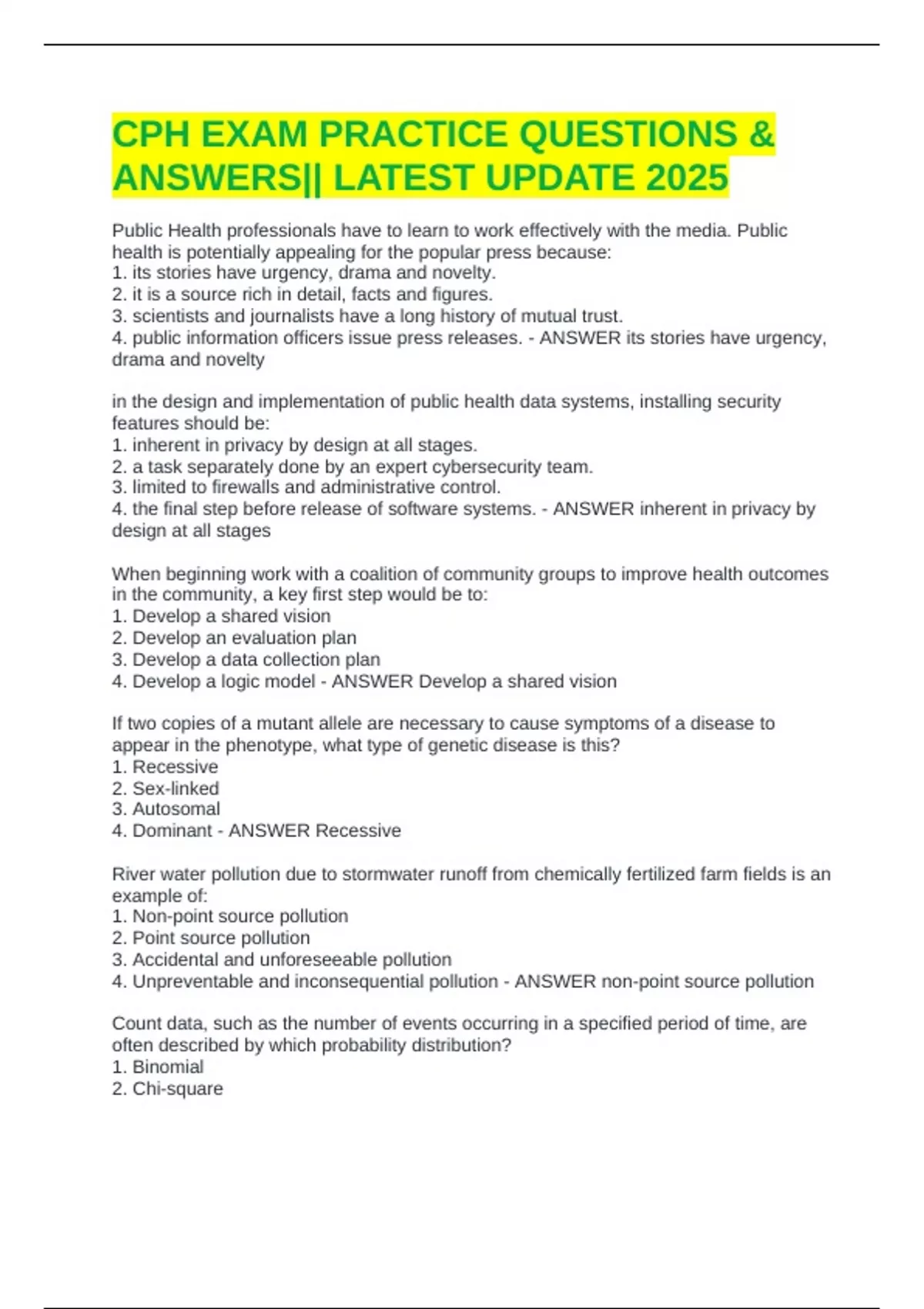 CPH EXAM PRACTICE QUESTIONS & ANSWERS|| LATEST UPDATE 2025 - CPH ...