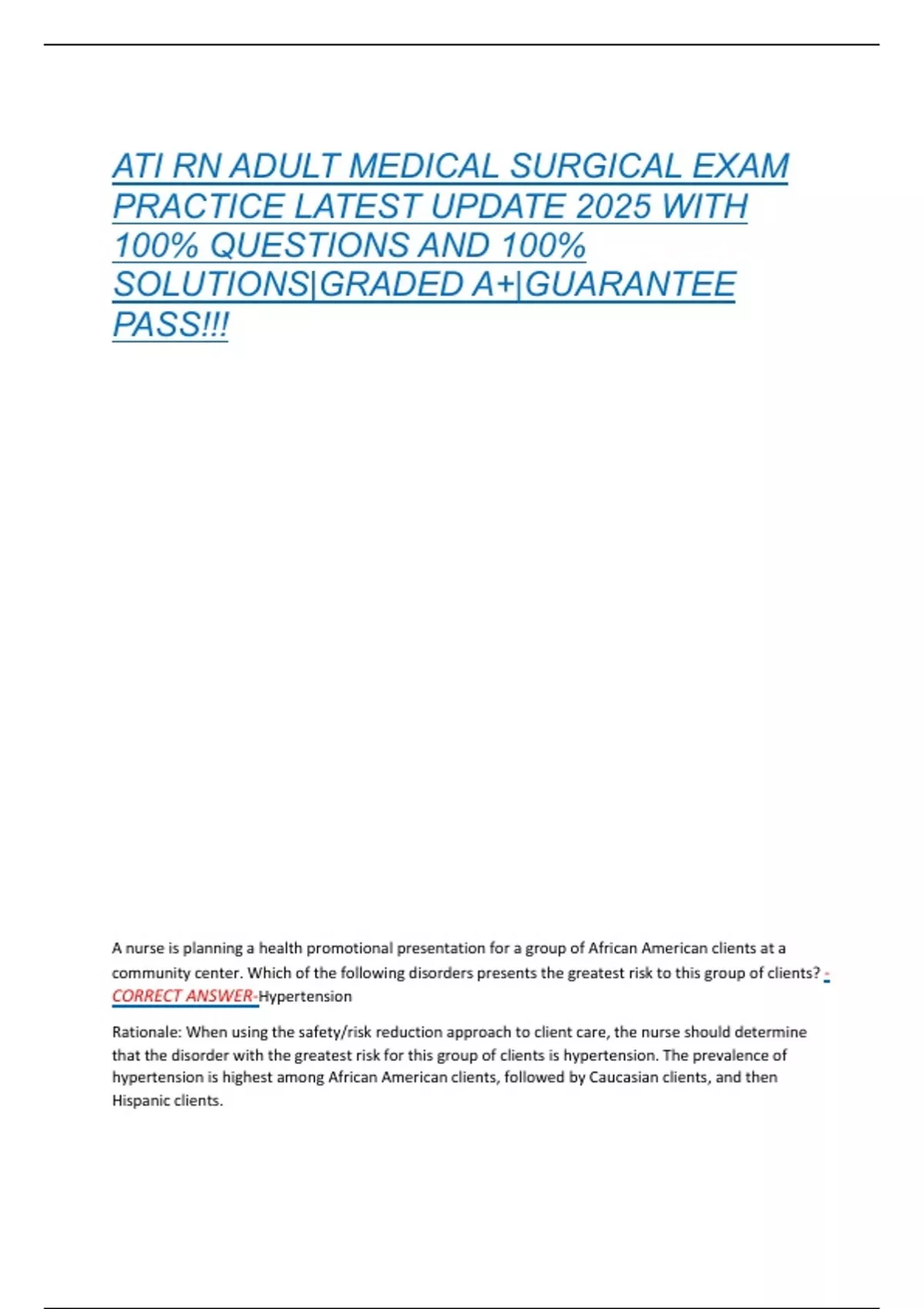 ATI RN ADULT MEDICAL SURGICAL EXAM PRACTICE LATEST UPDATE 2025 WITH 100 ...