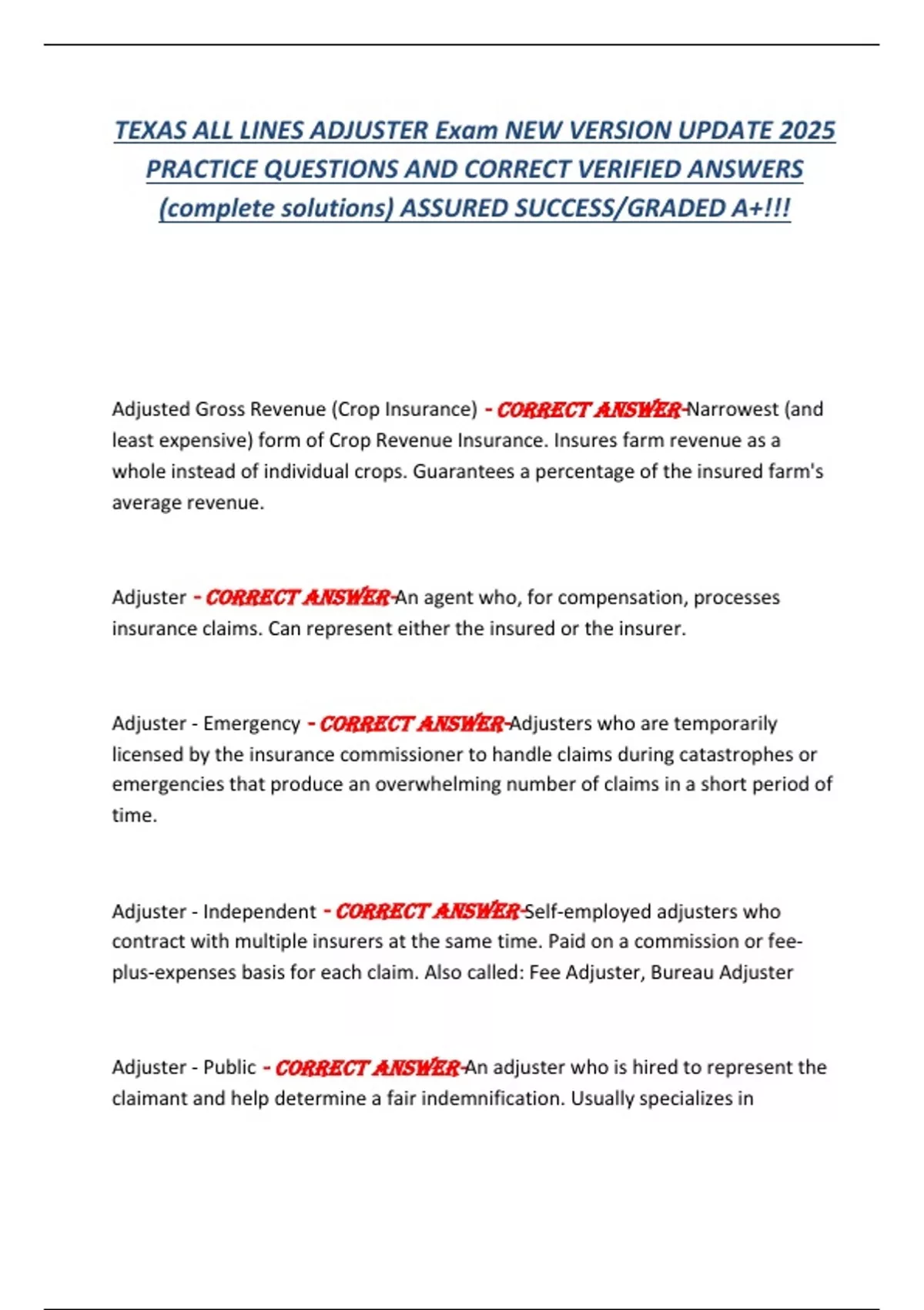 TEXAS ALL LINES ADJUSTER Exam NEW VERSION UPDATE 2025 PRACTICE ...