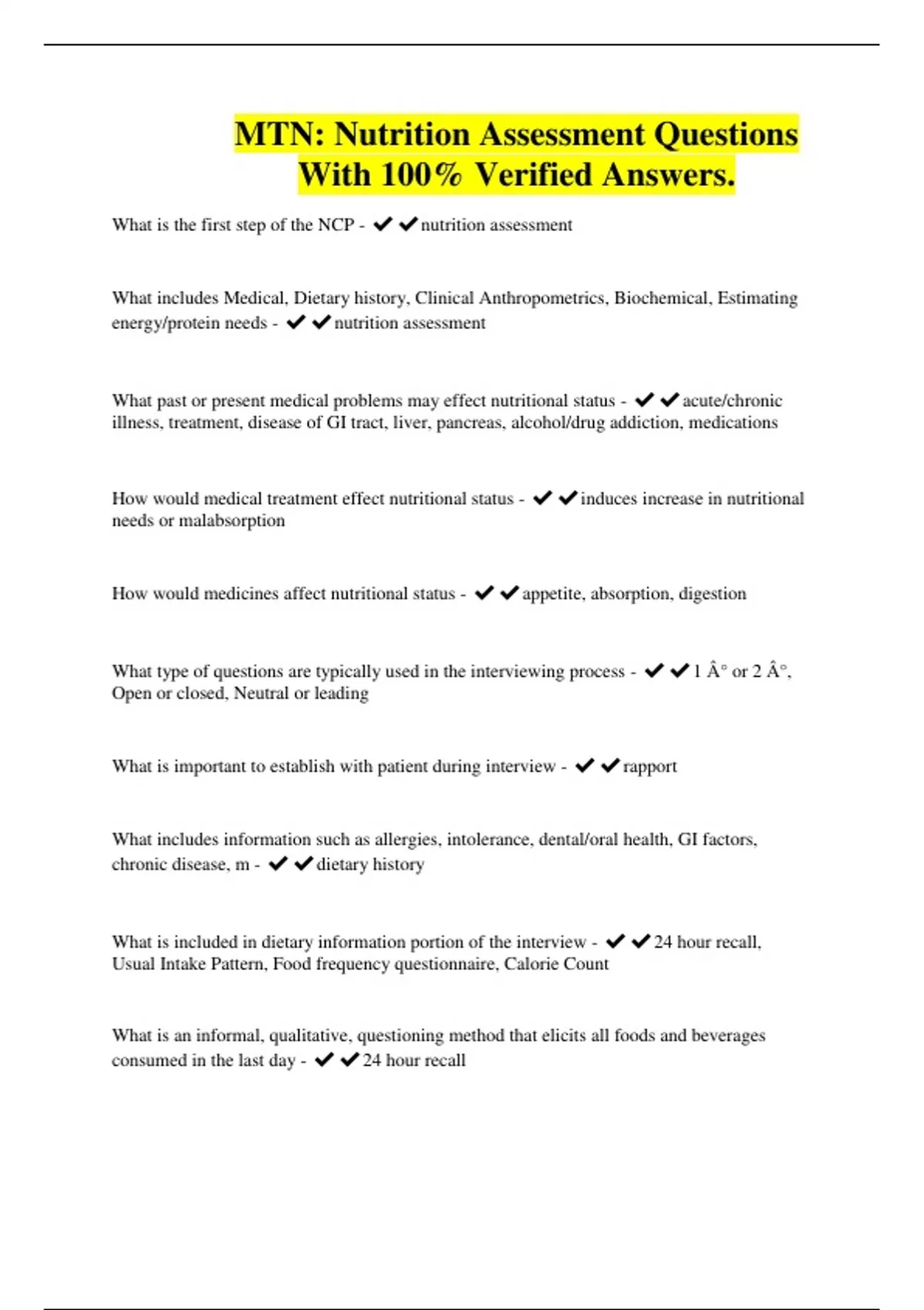 MTN: Nutrition Assessment Questions With 100% Verified Answers. - MTN ...