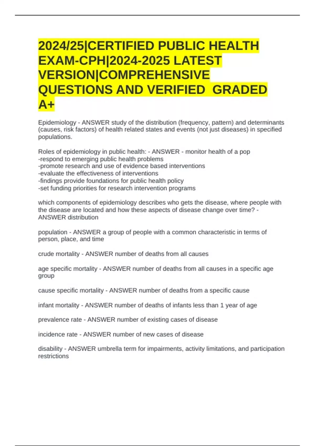 2024/25|CERTIFIED PUBLIC HEALTH EXAM-CPH| LATEST VERSION|COMPREHENSIVE ...