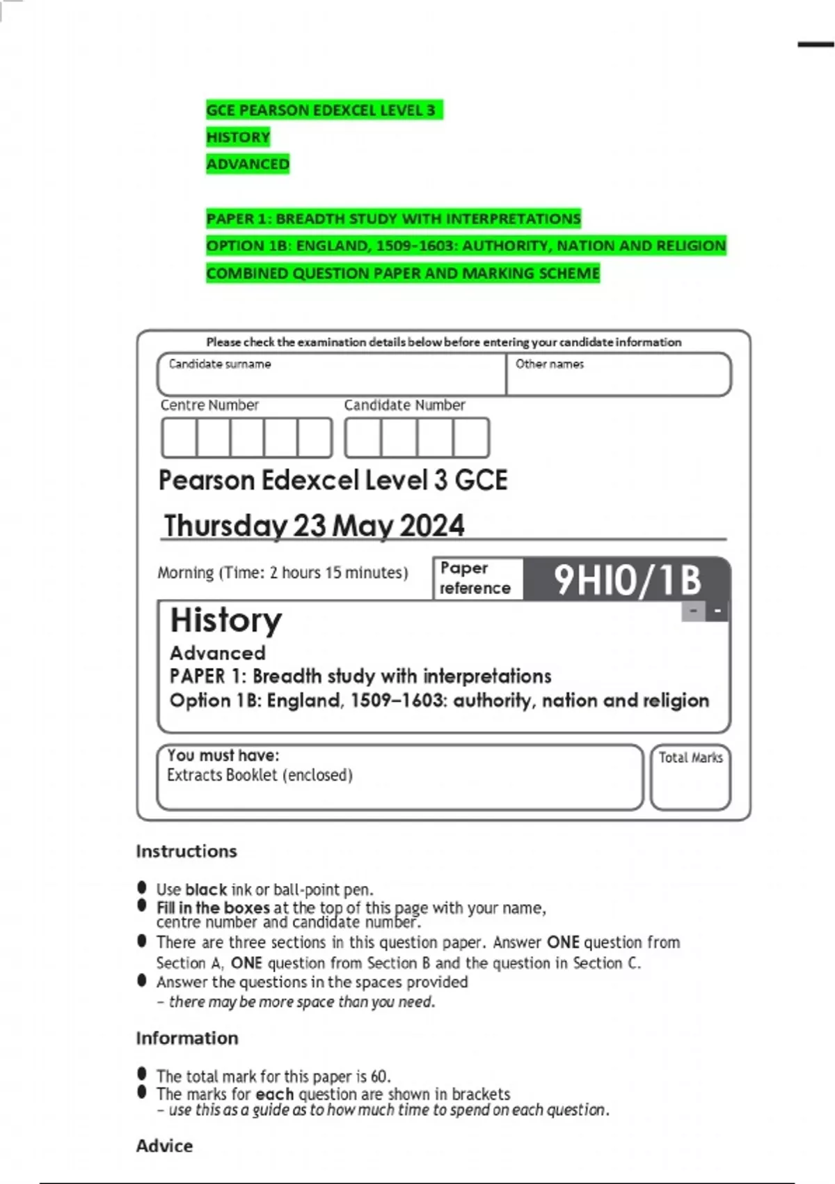 GCE PEARSON EDEXCEL LEVEL 3 HISTORY ADVANCED PAPER 1: BREADTH STUDY WITH INTERPRETATIONS OPTION ...