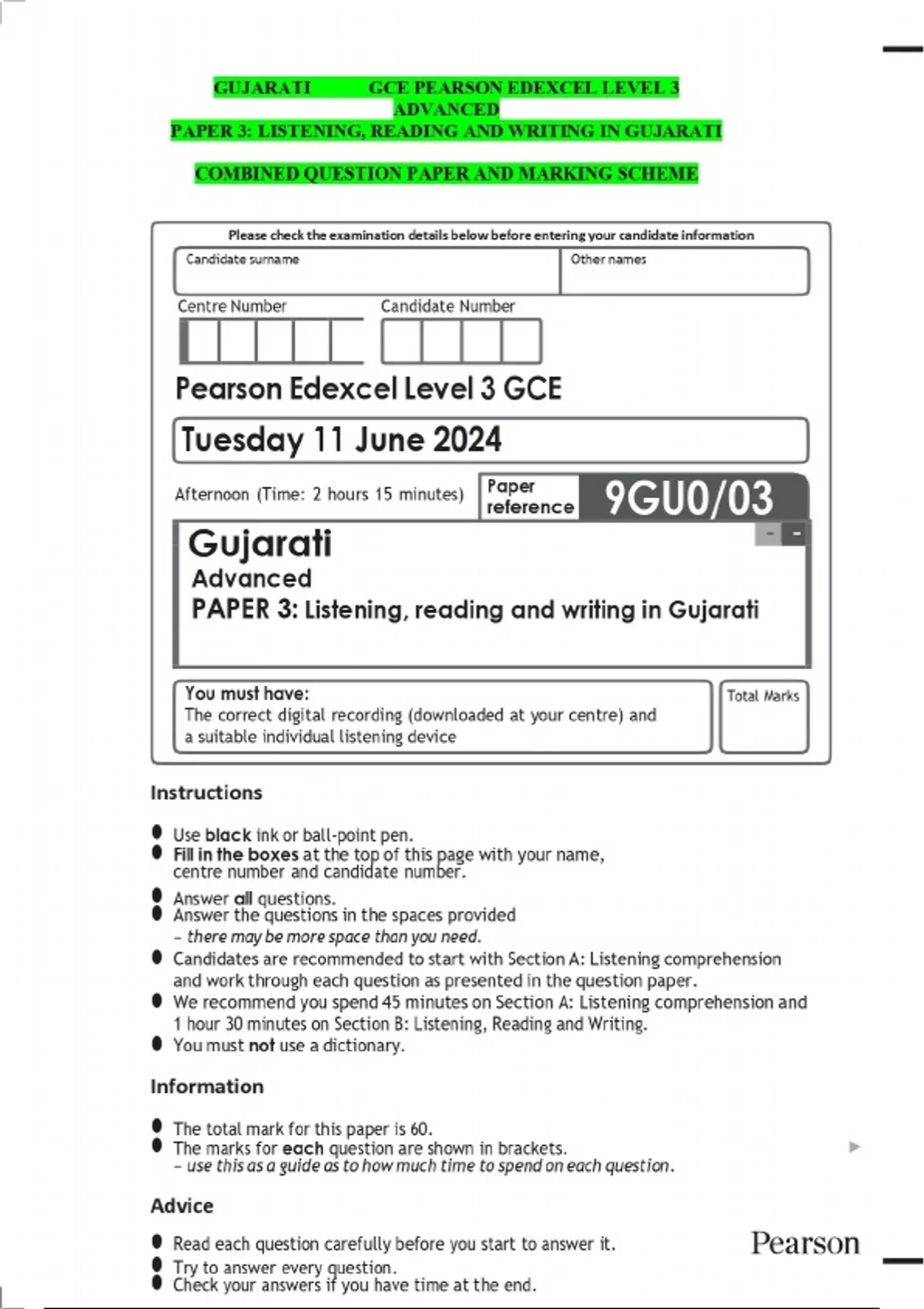 GUJARATI GCE PEARSON EDEXCEL LEVEL 3 ADVANCED PAPER 3: LISTENING, READING AND WRITING IN ...