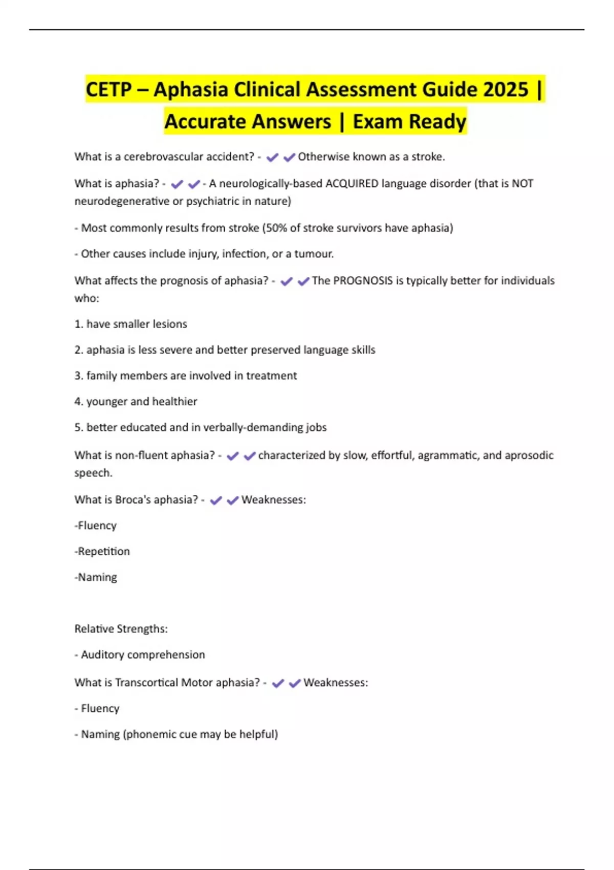 CETP – Aphasia Clinical Assessment Guide 2025 | Accurate Answers | Exam ...