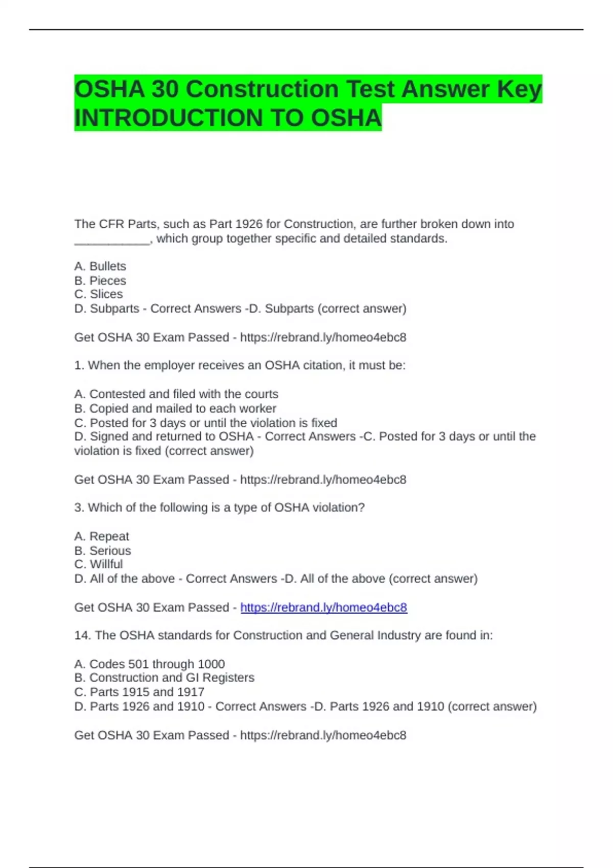 OSHA 30 Construction Test Answer Key INTRODUCTION TO OSHA QUESTIONS ...