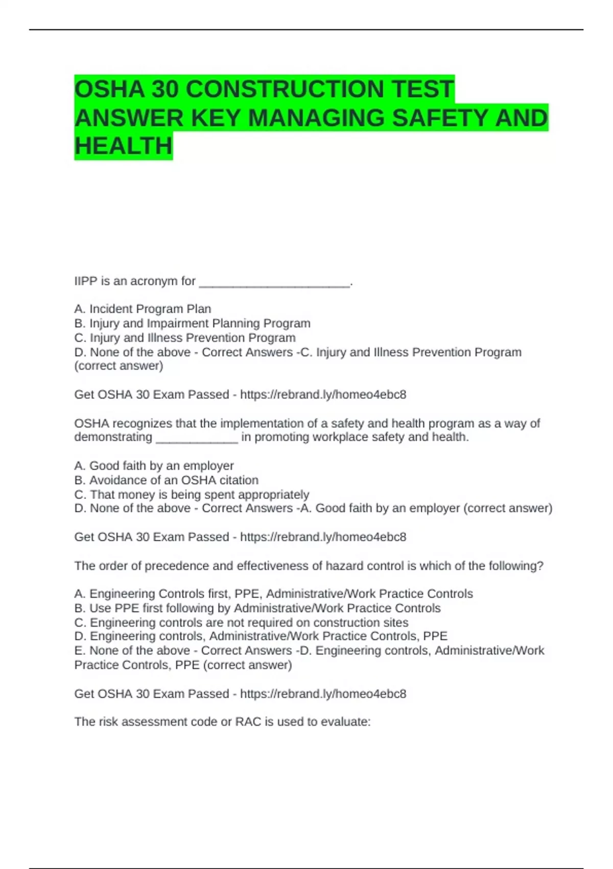 OSHA 30 CONSTRUCTION TEST ANSWER KEY MANAGING SAFETY AND HEALTH ...