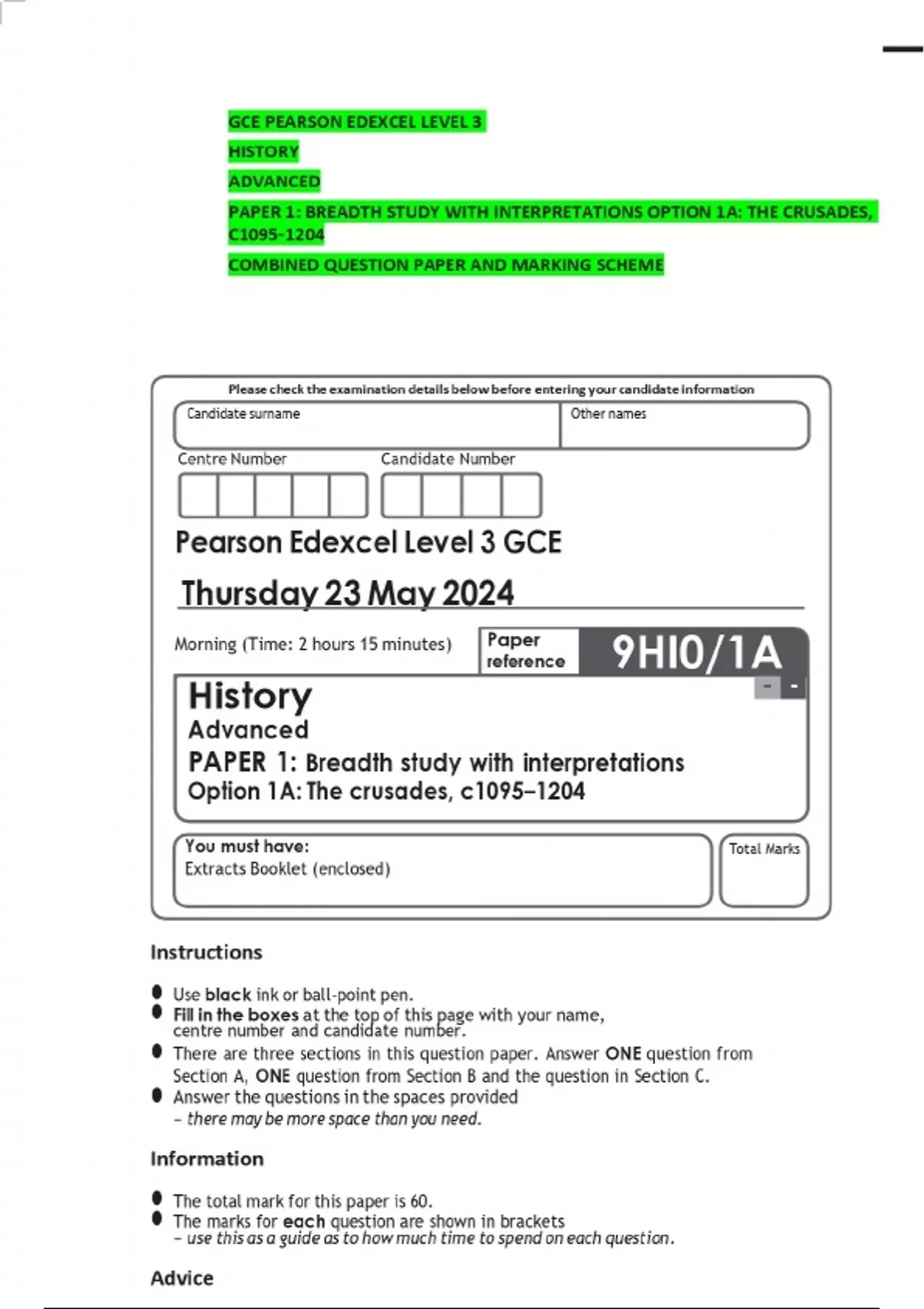 GCE PEARSON EDEXCEL LEVEL 3 HISTORY ADVANCED PAPER 1: BREADTH STUDY ...