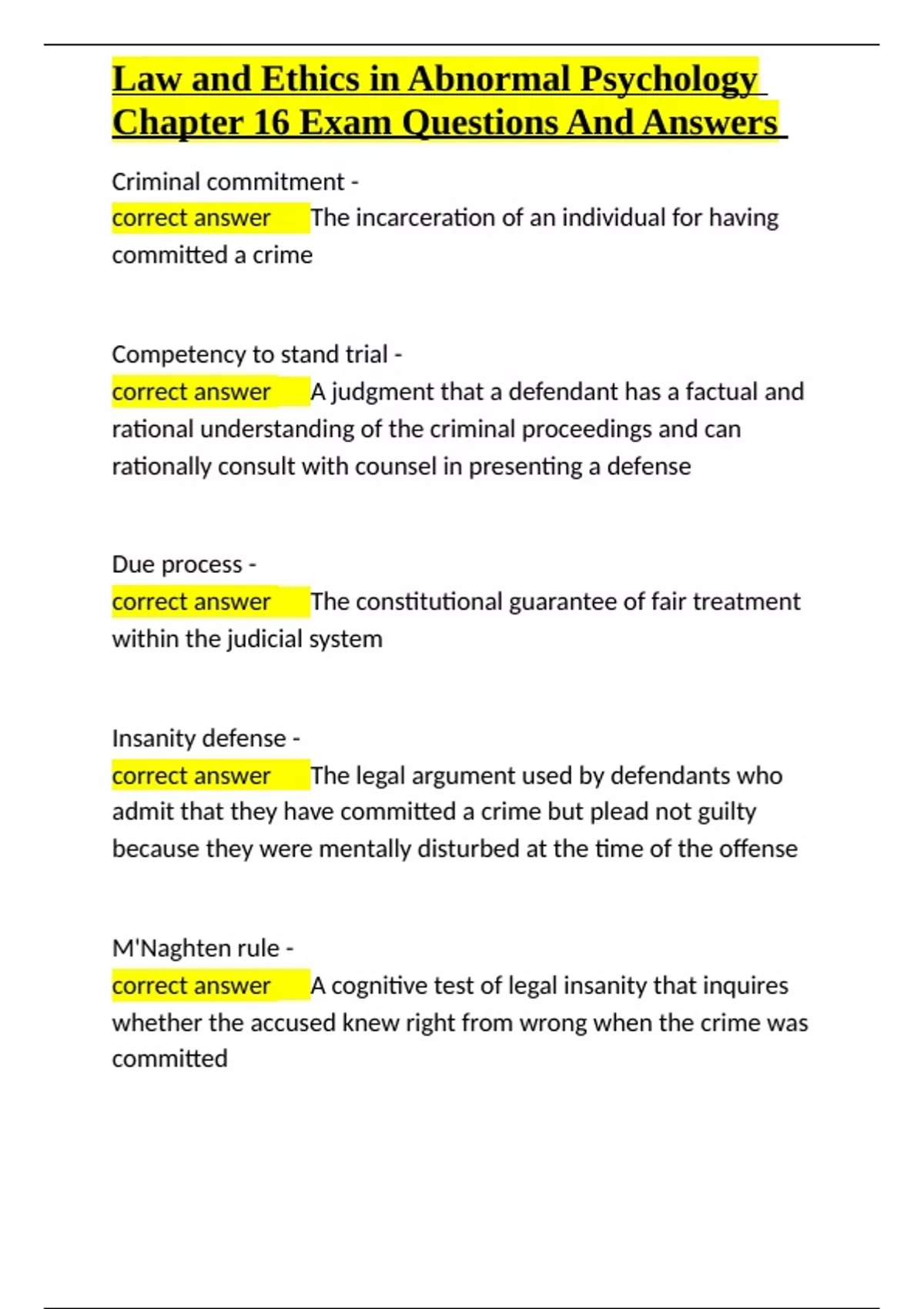 Law and Ethics in Abnormal Psychology Chapter 16 Exam Questions And ...
