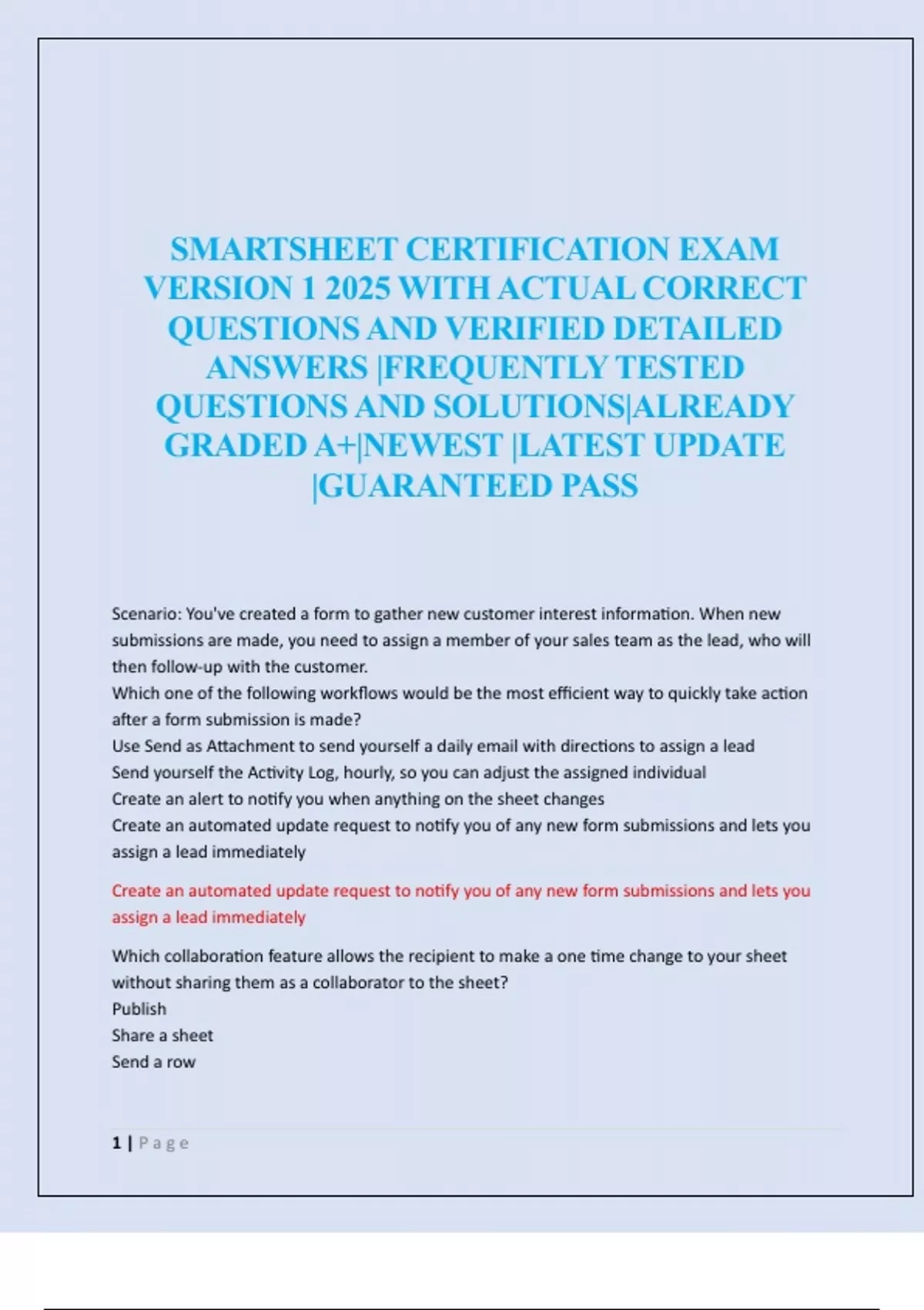 SMARTSHEET CERTIFICATION EXAM VERSION 1 2025 WITH ACTUAL CORRECT ...