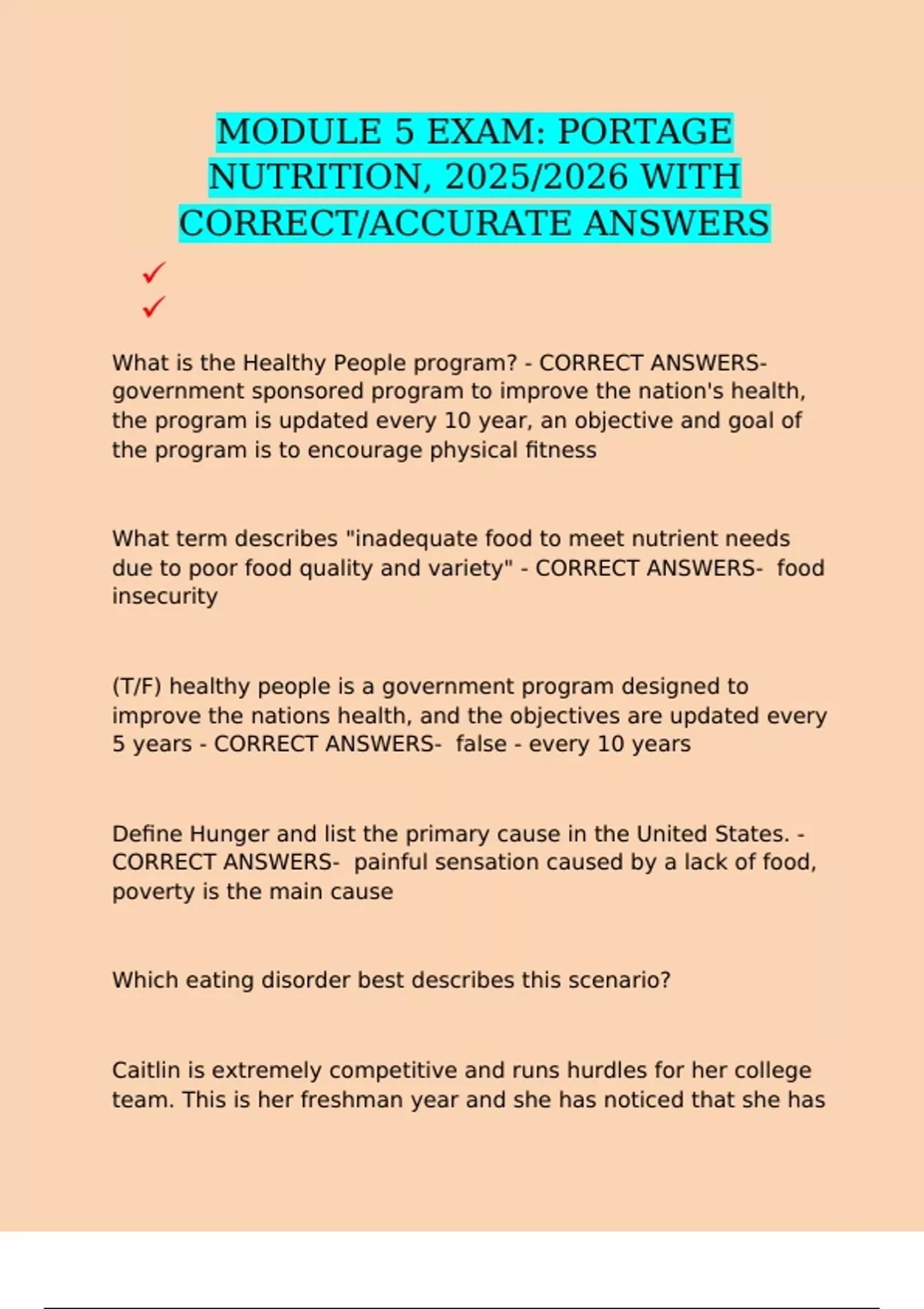 MODULE 5 EXAM: PORTAGE NUTRITION, 2025/2026 WITH CORRECT/ACCURATE ANSWERS - PORTAGE NUTRITION ...