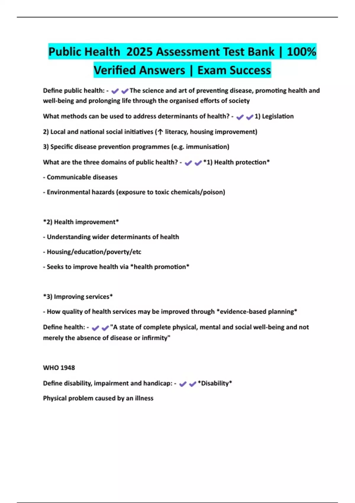 Public Health 2025 Assessment Test Bank | 100% Verified Answers | Exam ...