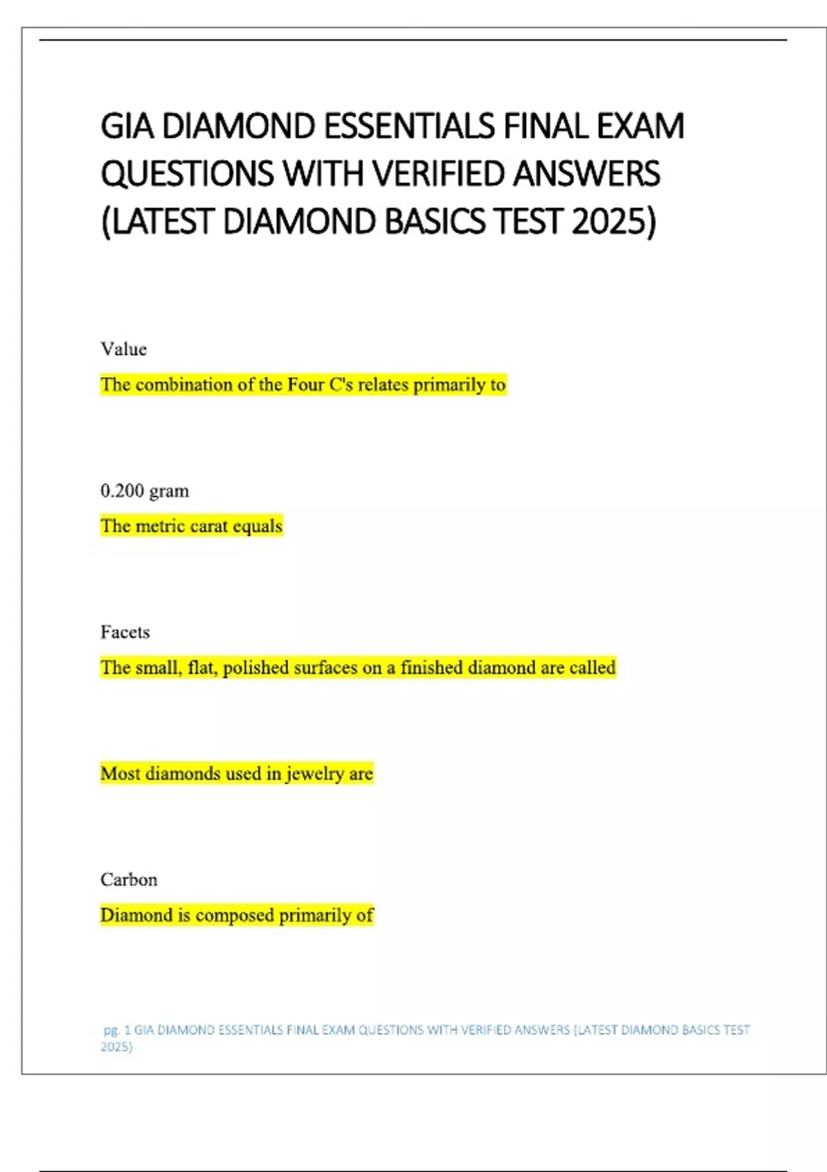 GIA DIAMOND ESSENTIALS FINAL EXAM QUESTIONS WITH VERIFIED ANSWERS ...