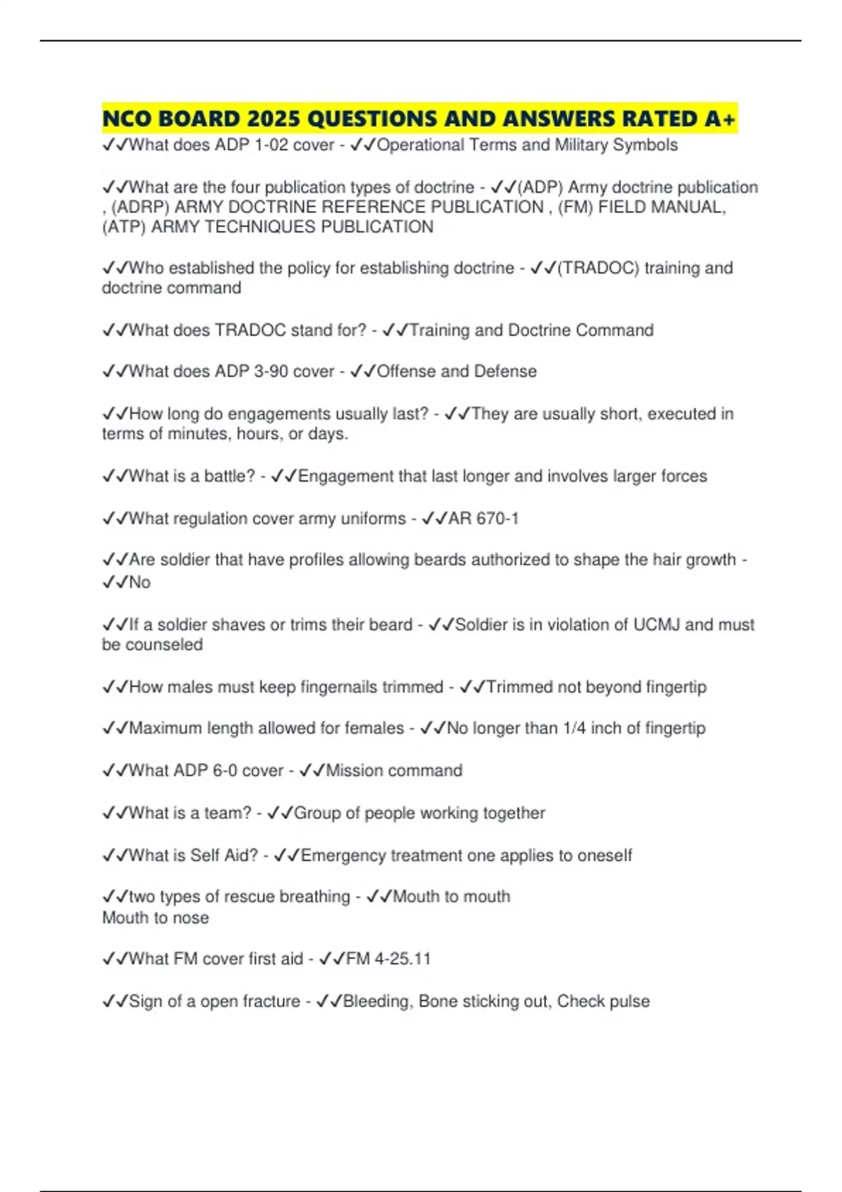 NCO BOARD 2025 QUESTIONS AND ANSWERS RATED A+ - NCO BOARD - Stuvia US