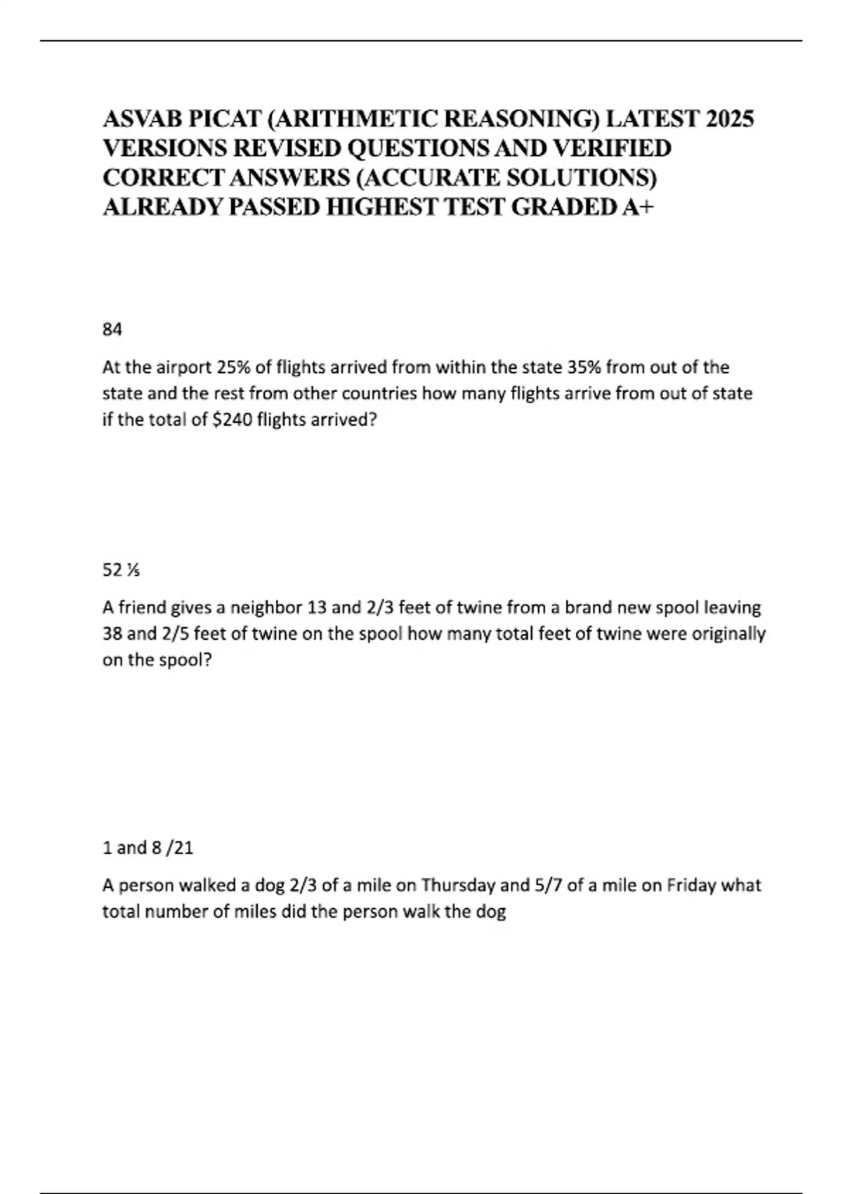 ASVAB /PICAT (ARITHMETIC REASONING) LATEST 2025 VERSIONS REVISED ...