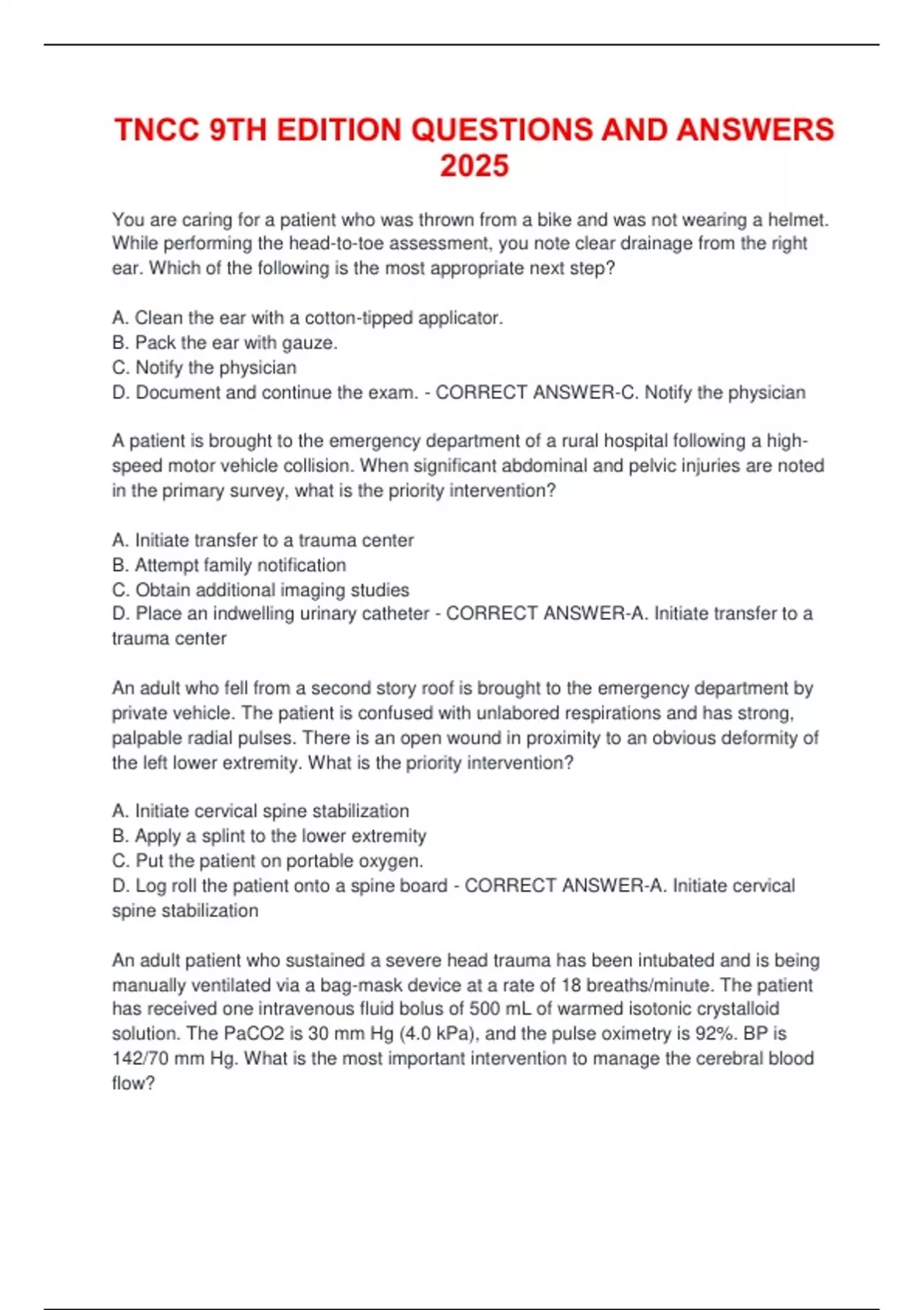 TNCC 9th Edition questions and answers 2025 - TNCC 9th Edition - Stuvia US