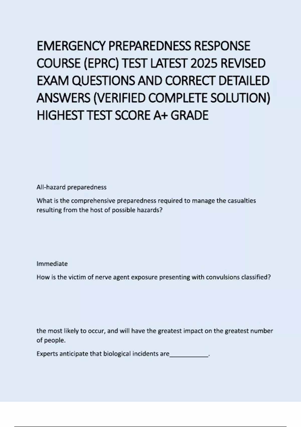 EMERGENCY PREPAREDNESS RESPONSE COURSE (EPRC) TEST LATEST 2025 REVISED ...