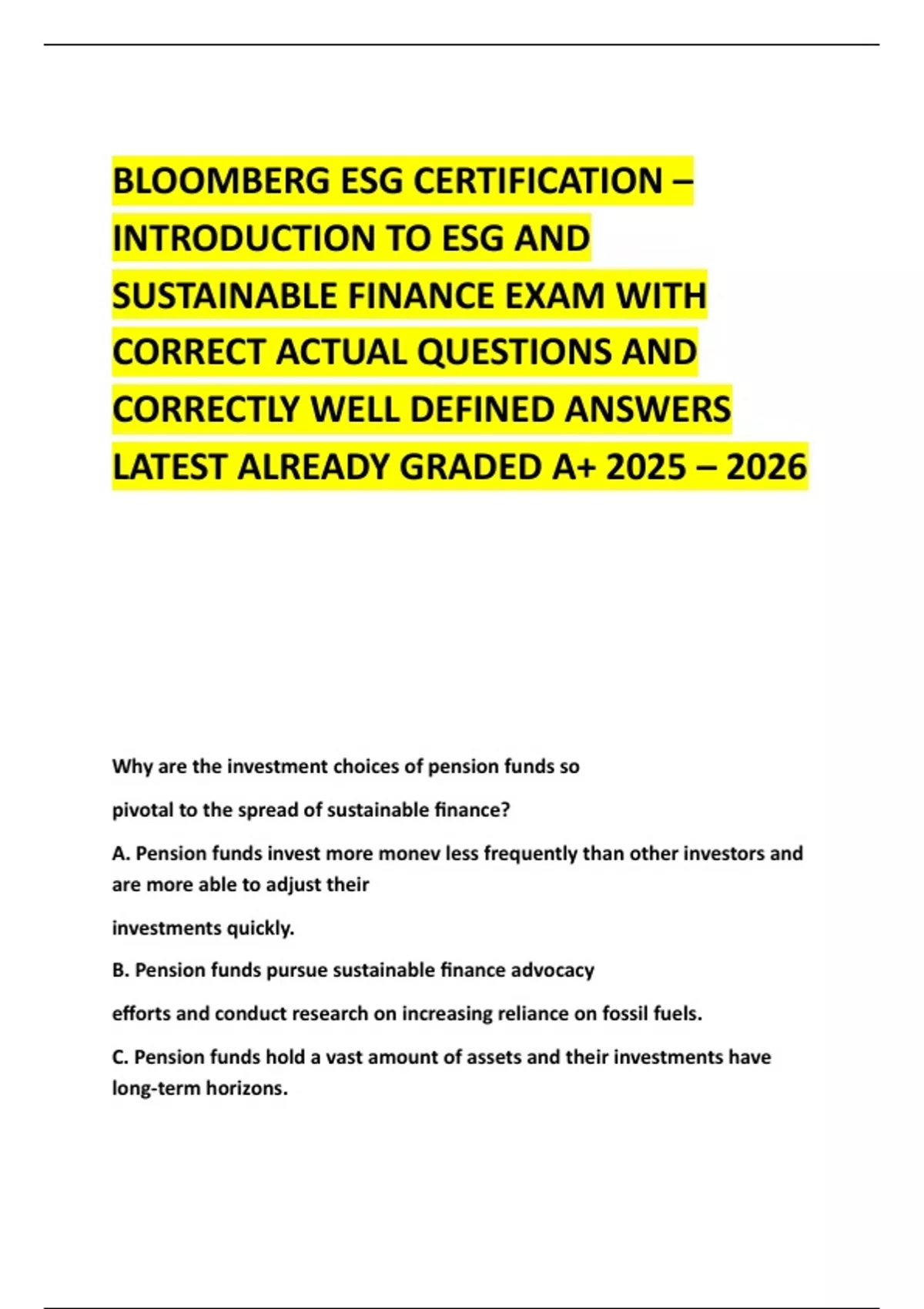 BLOOMBERG ESG CERTIFICATION – INTRODUCTION TO ESG AND SUSTAINABLE FINANCE EXAM WITH CORRECT ...