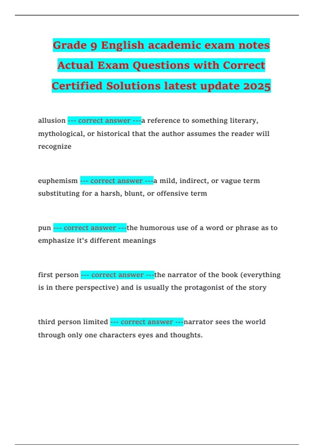 Grade 9 English academic exam notes Actual Exam Questions with Correct ...