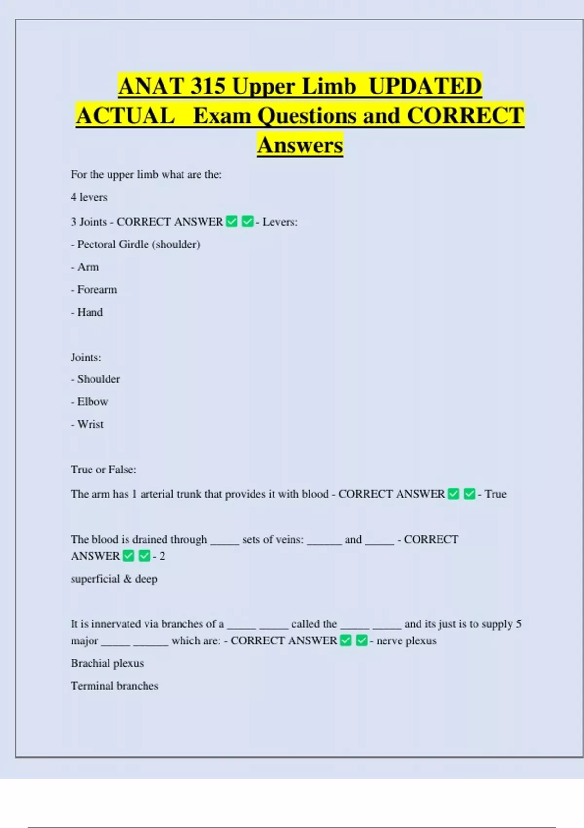 ANAT 315 Upper Limb UPDATED ACTUAL Exam Questions and CORRECT Answers ...