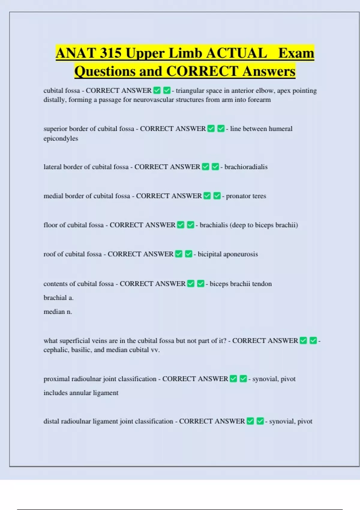 ANAT 315 Upper Limb ACTUAL Exam Questions and CORRECT Answers - ANAT ...