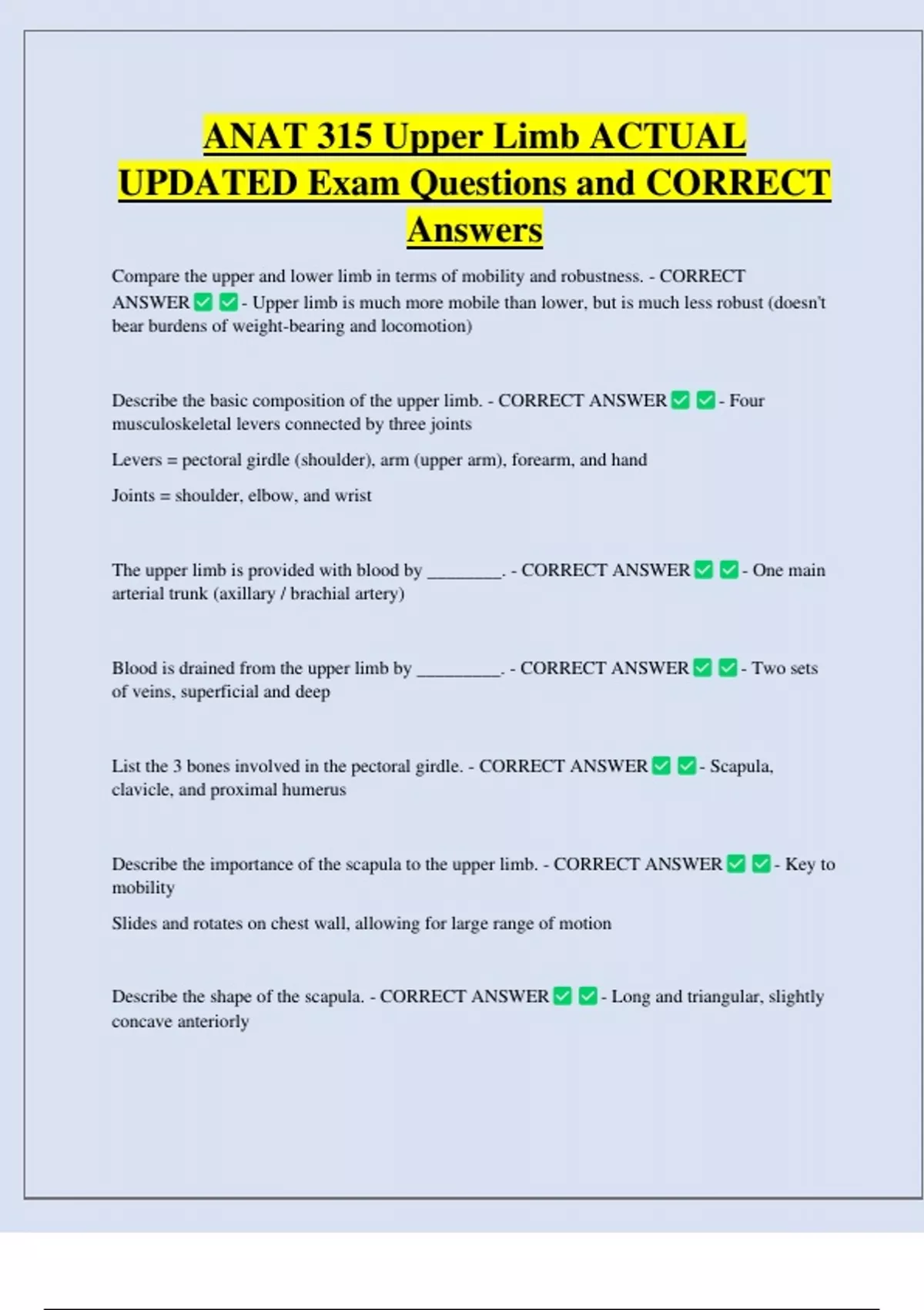ANAT 315 Upper Limb ACTUAL UPDATED Exam Questions and CORRECT Answers ...