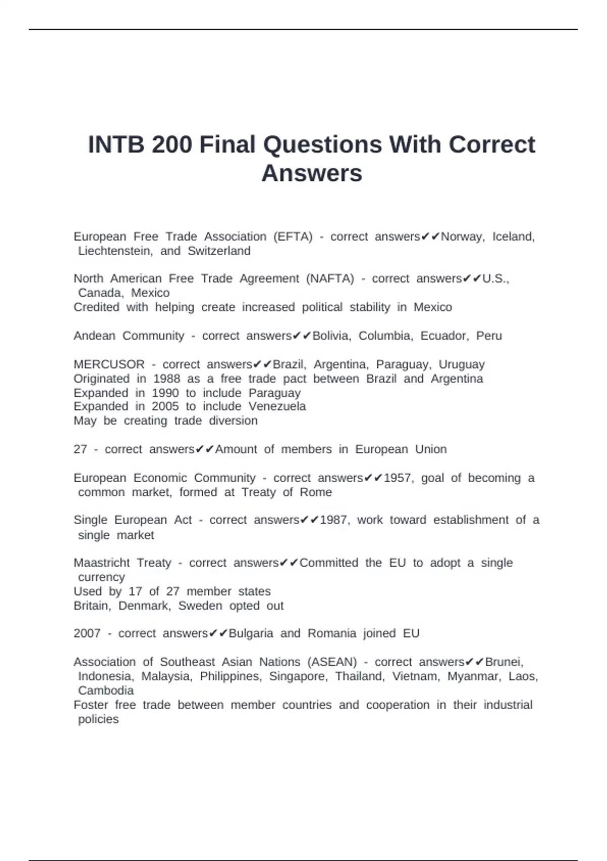 INTB 200 Final Questions With Correct Answers - INTB 200 - Stuvia US