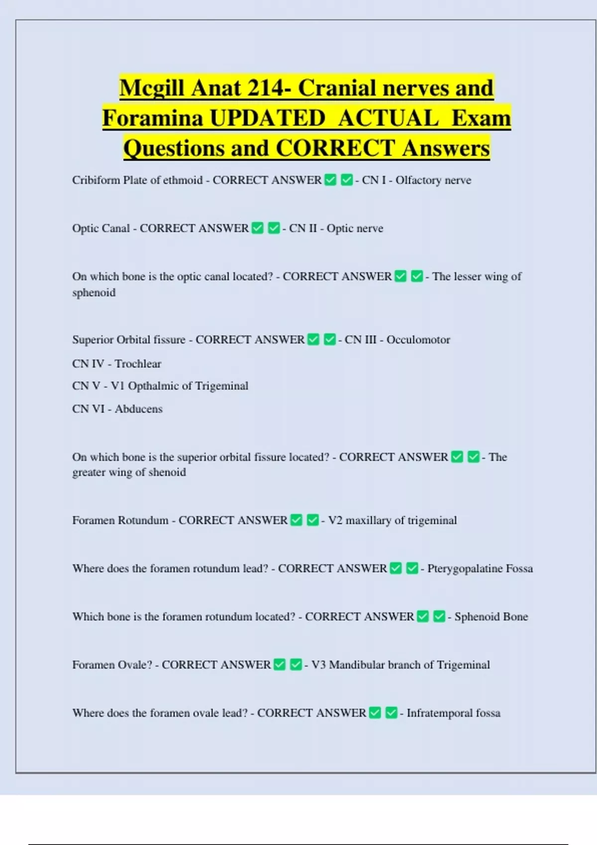 Mcgill Anat 214- Cranial nerves and Foramina UPDATED ACTUAL Exam Questions and CORRECT Answers ...