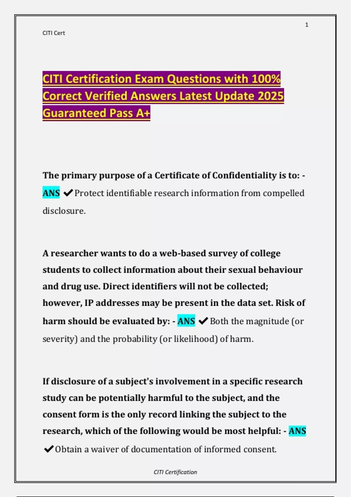 CITI Certification Exam Questions with 100- Correct Verified Answers ...