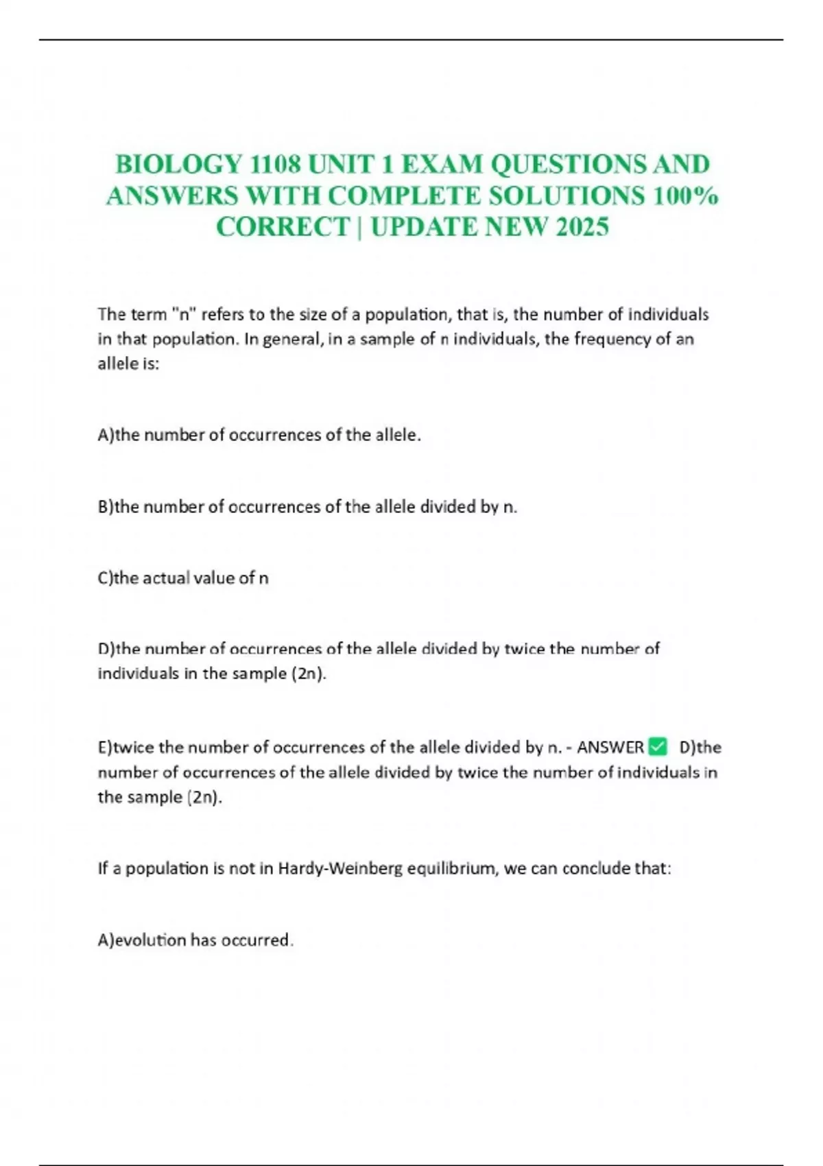 BIOLOGY 1108 UNIT 1 EXAM QUESTIONS AND ANSWERS WITH COMPLETE SOLUTIONS ...