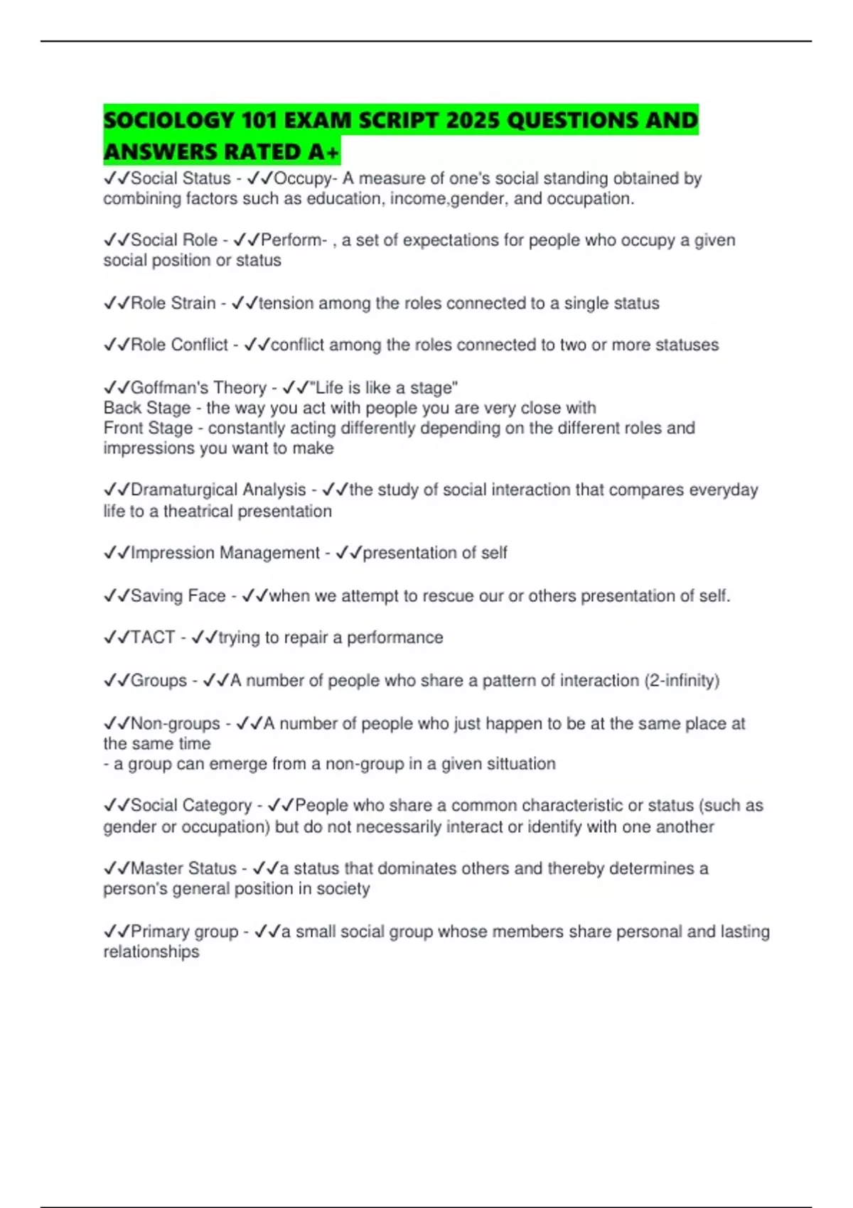 SOCIOLOGY 101 EXAM SCRIPT 2025 QUESTIONS AND ANSWERS RATED A+ ...