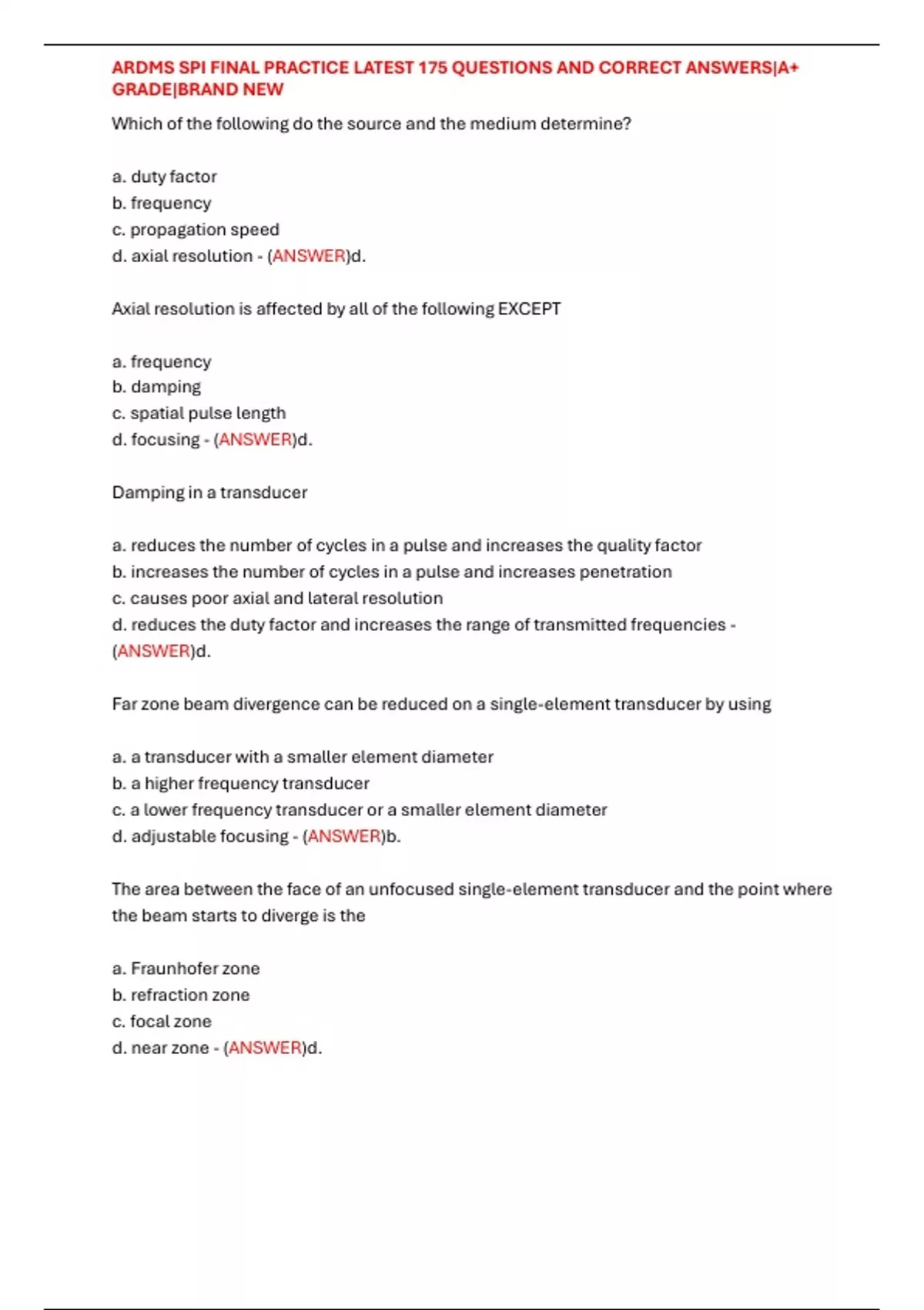ARDMS SPI FINAL PRACTICE LATEST 175 QUESTIONS AND CORRECT ANSWERS|A+ ...
