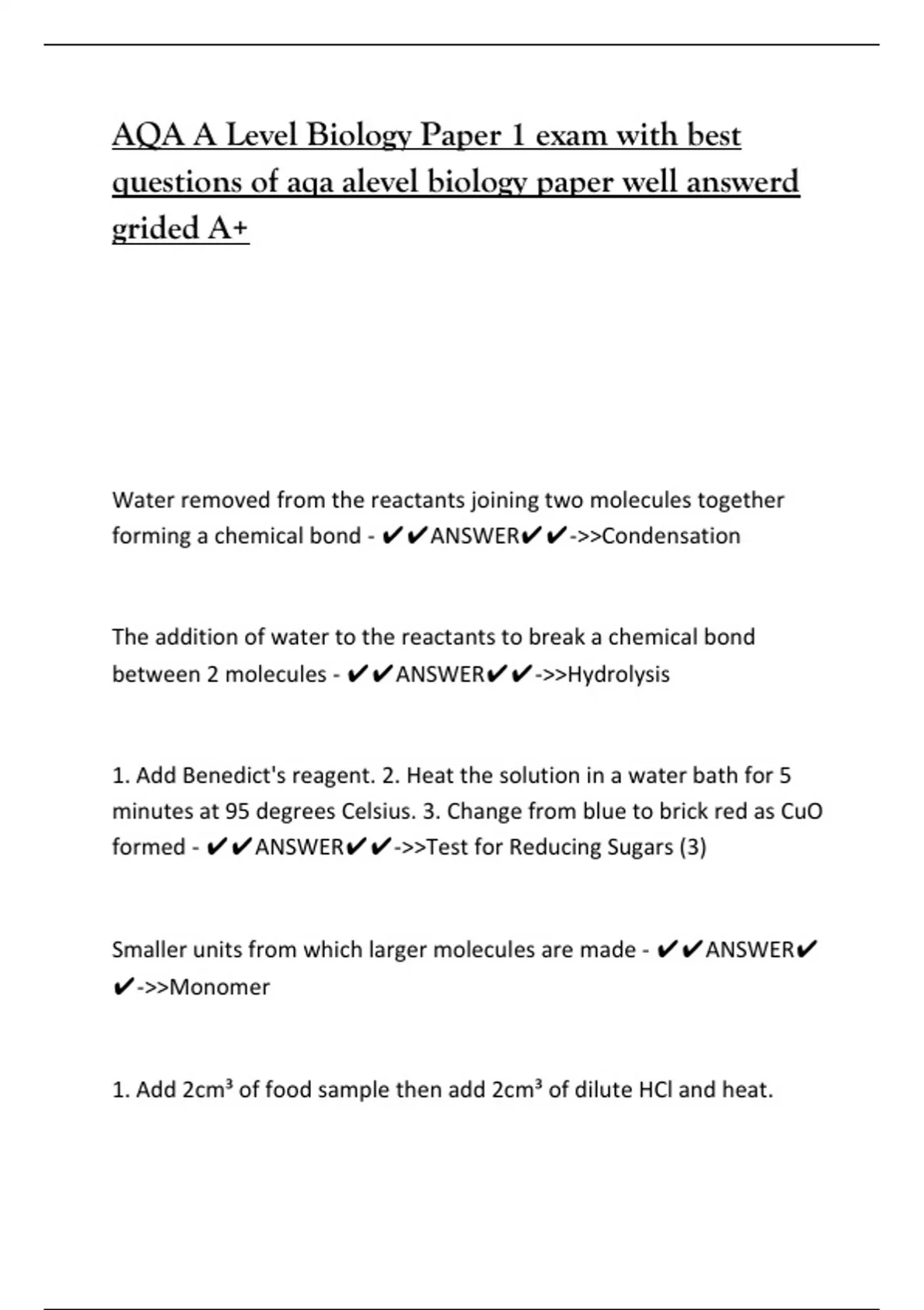 AQA A Level Biology Paper 1 exam with best questions of aqa alevel biology paper well answerd ...