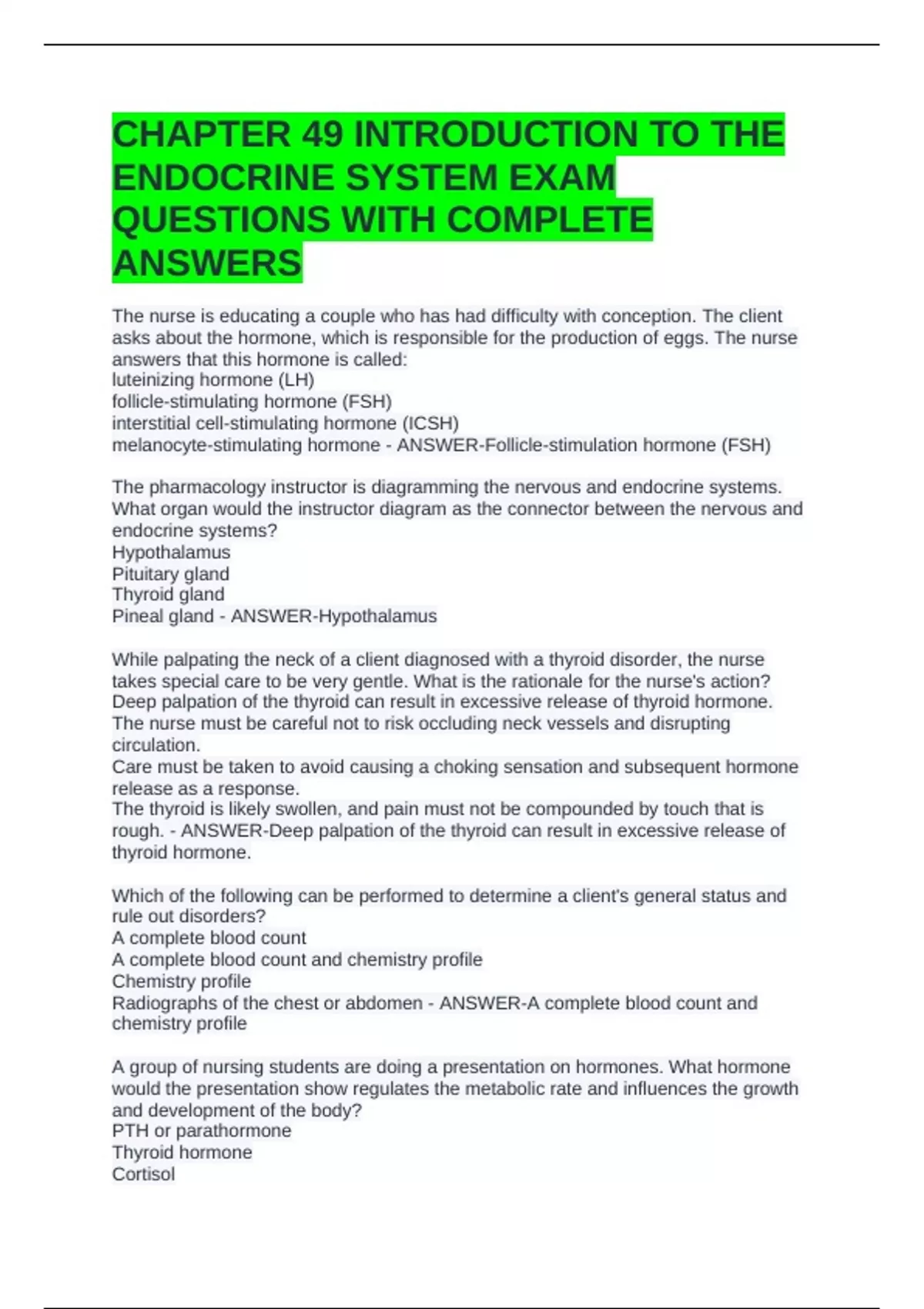 CHAPTER 49 INTRODUCTION TO THE ENDOCRINE SYSTEM EXAM QUESTIONS WITH ...
